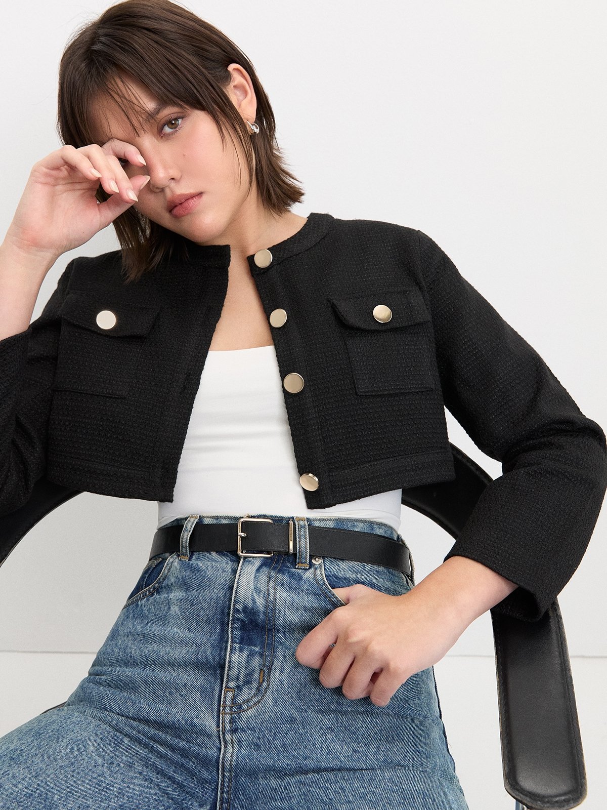 Cropped Tweed Jacket - Black - Pomelo Fashion