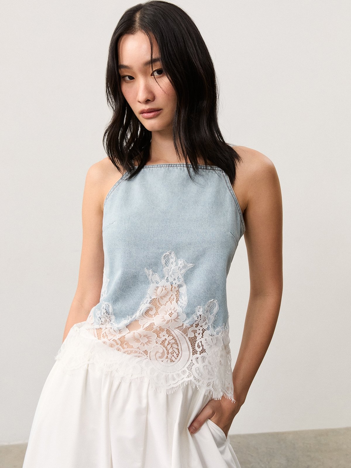 Lace Trim Top - Light Blue - Pomelo Fashion