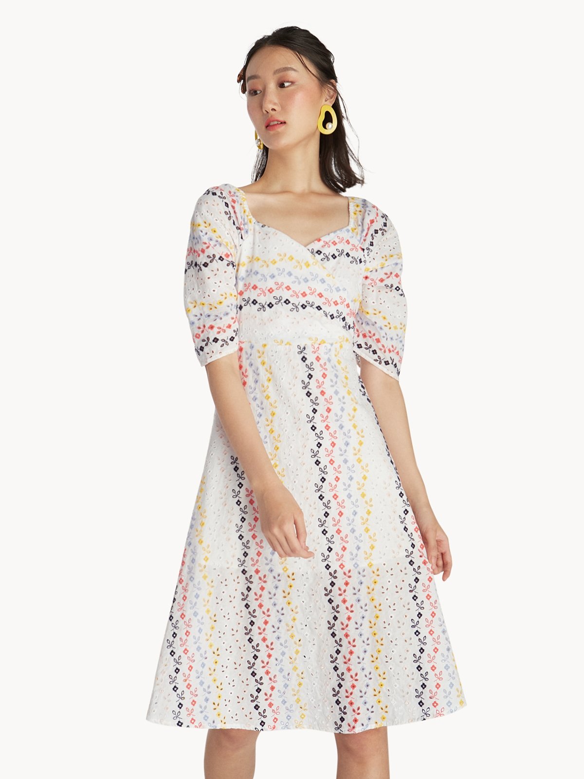 Midi Multi Color Eyelet Dress - Pomelo Fashion