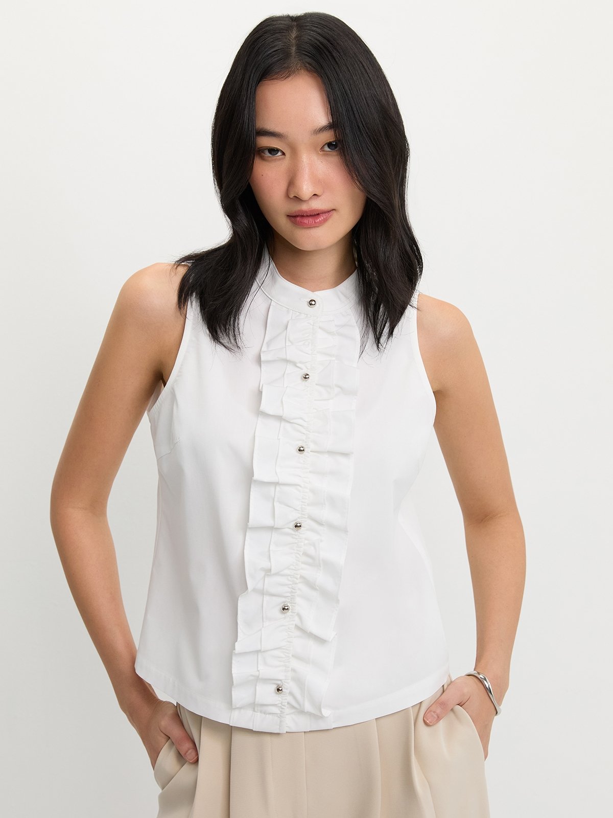 Ruffled Blouse - White - Pomelo Fashion