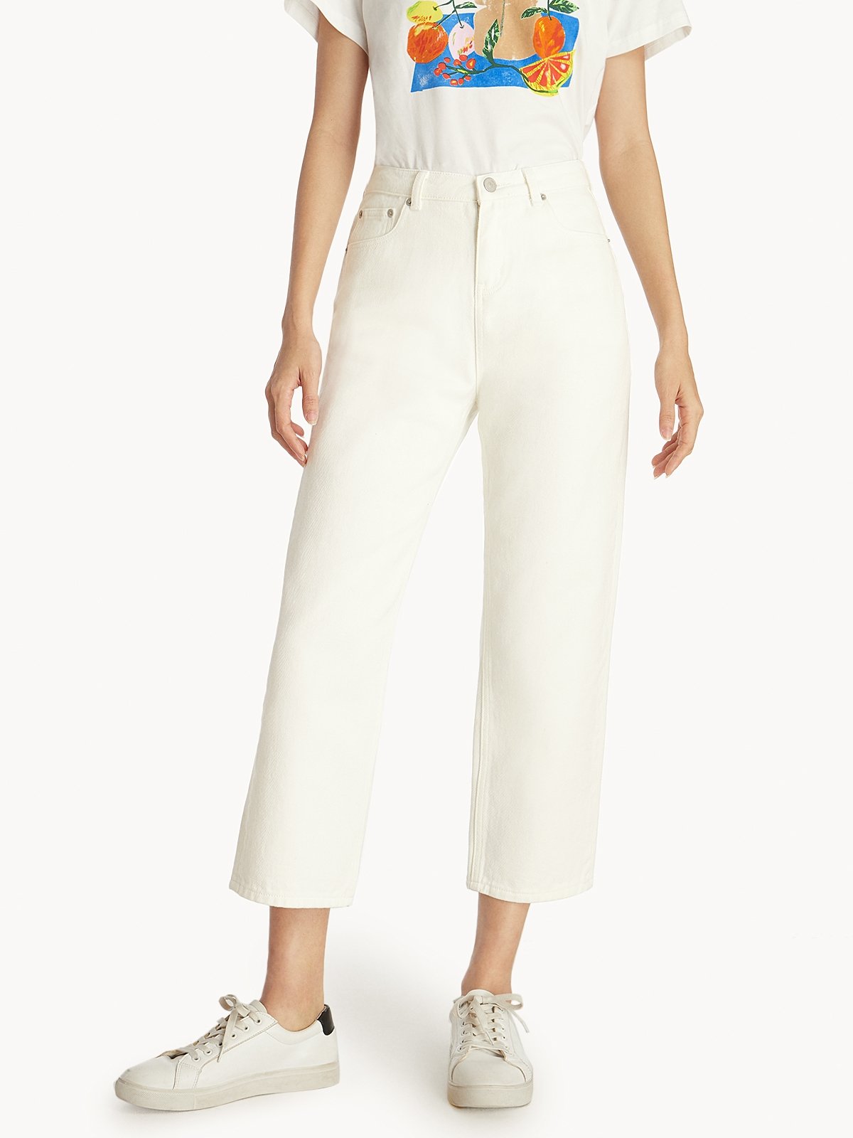 High Waisted Classic Boyfriend Jeans - White - Pomelo Fashion