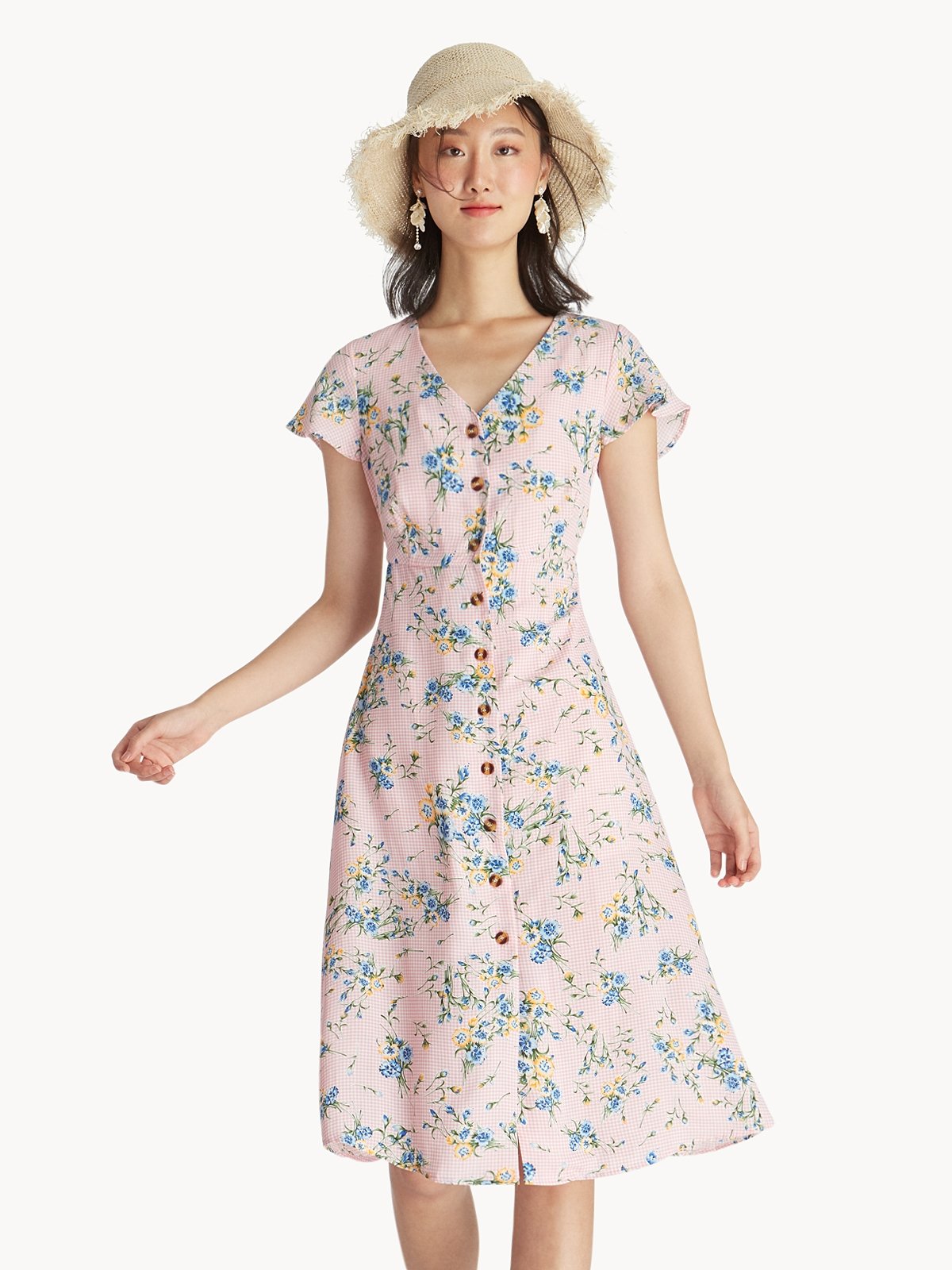 Midi Button Up Mixed Prints Dress - Pink - Pomelo Fashion