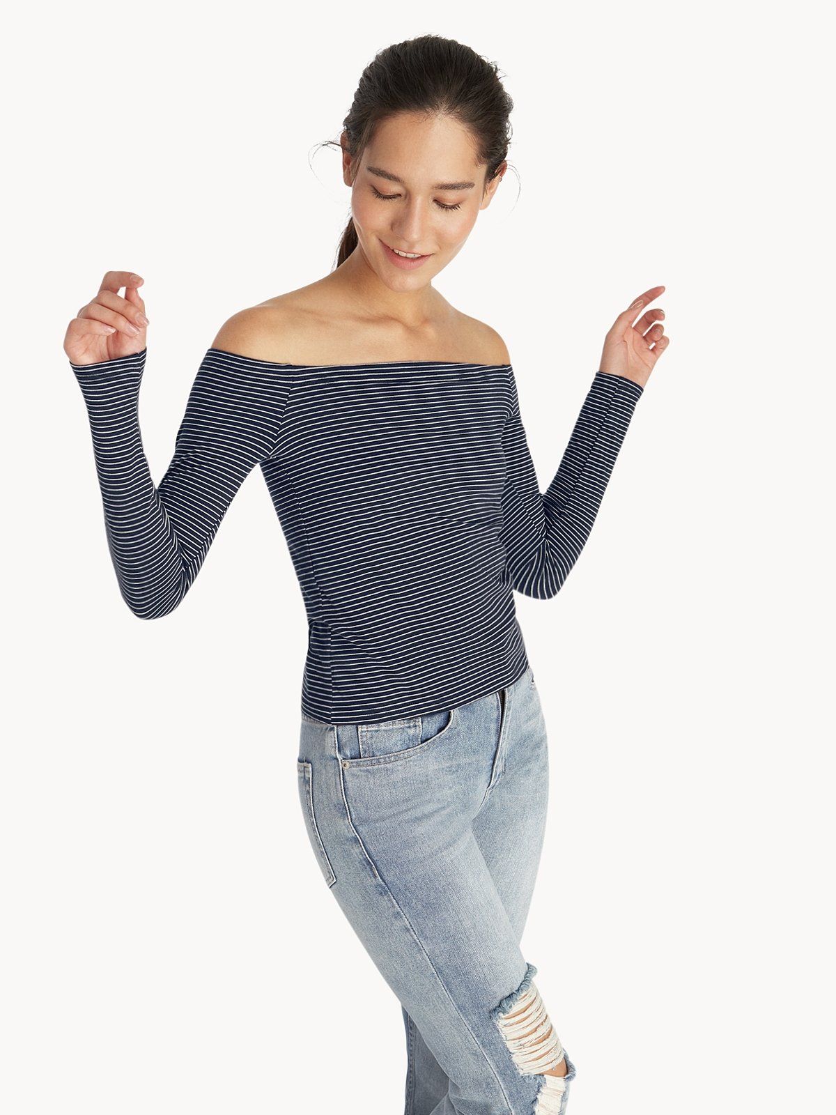 Striped Off Shoulder Top - Navy - Pomelo Fashion