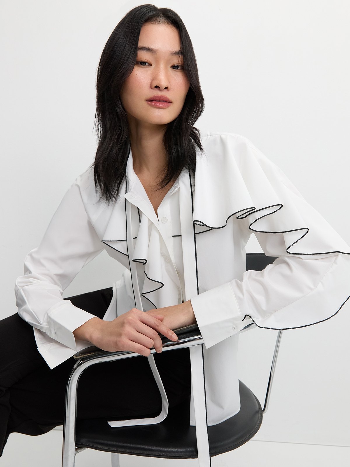 Contrast Trim Frill Shirt - White - Pomelo Fashion