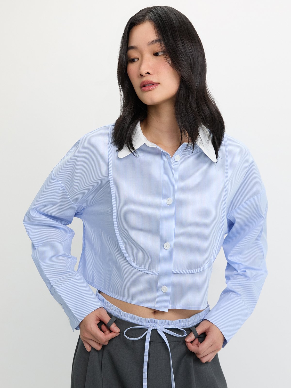 Cropped Stripe Shirt - Baby Blue - Pomelo Fashion