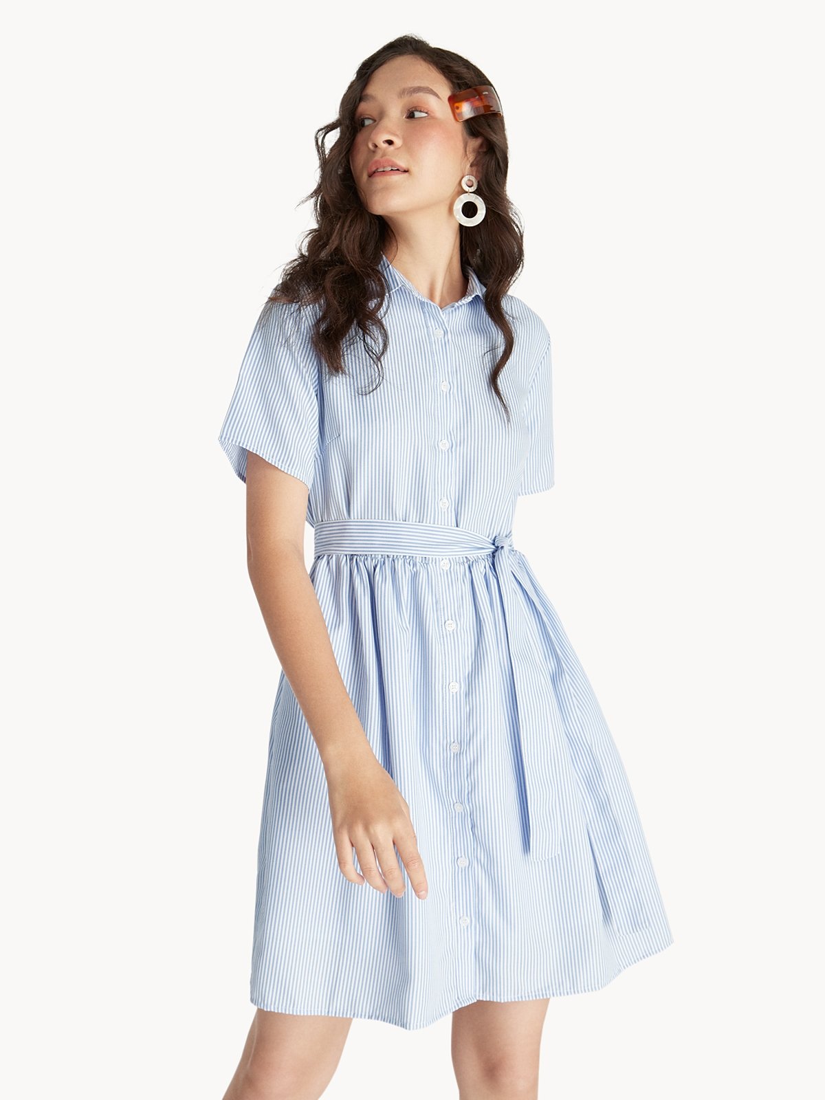 Mini Striped Button Up Dress - Blue - Pomelo Fashion