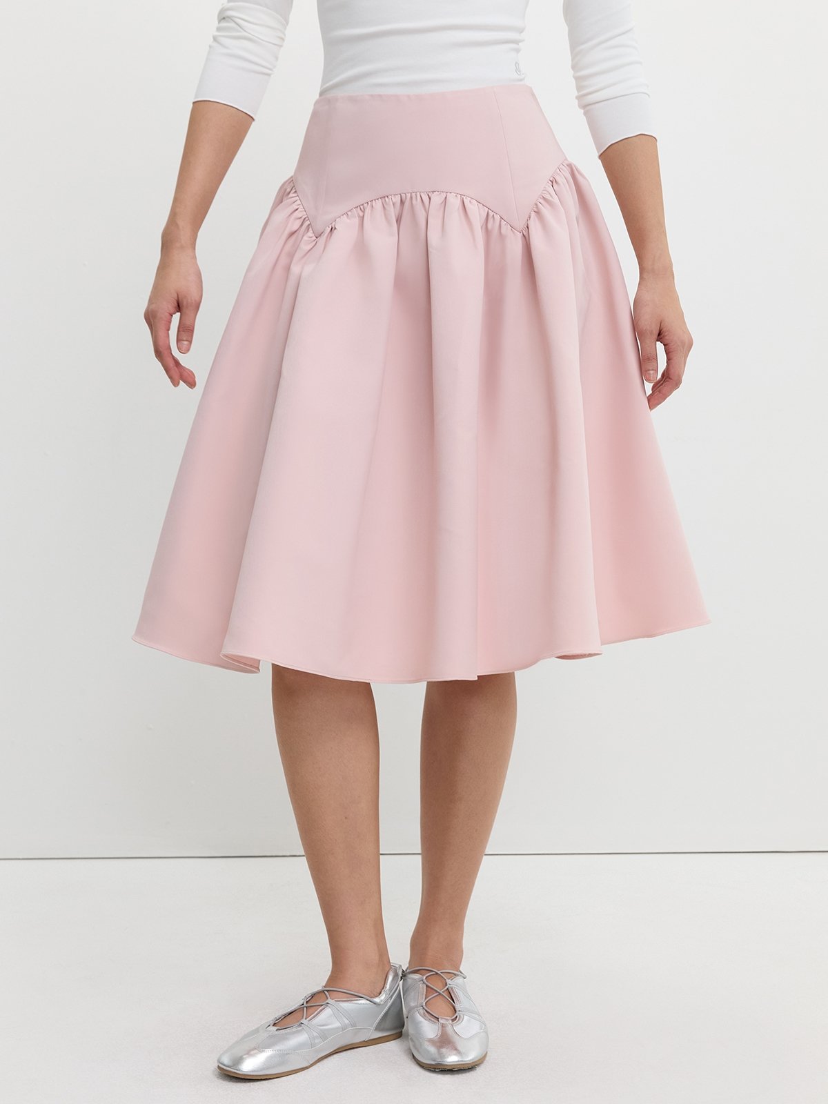 Gathered Flared Skirt - Light Pink - Pomelo Fashion
