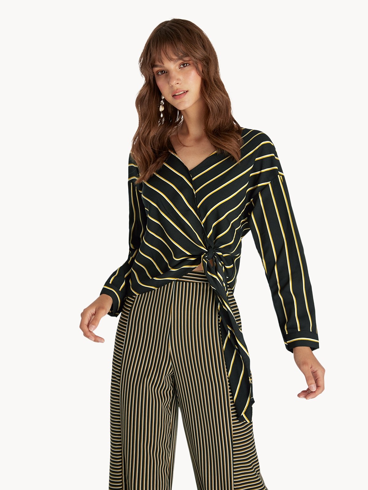 Side Waist Tie Striped Top - Black - Pomelo Fashion