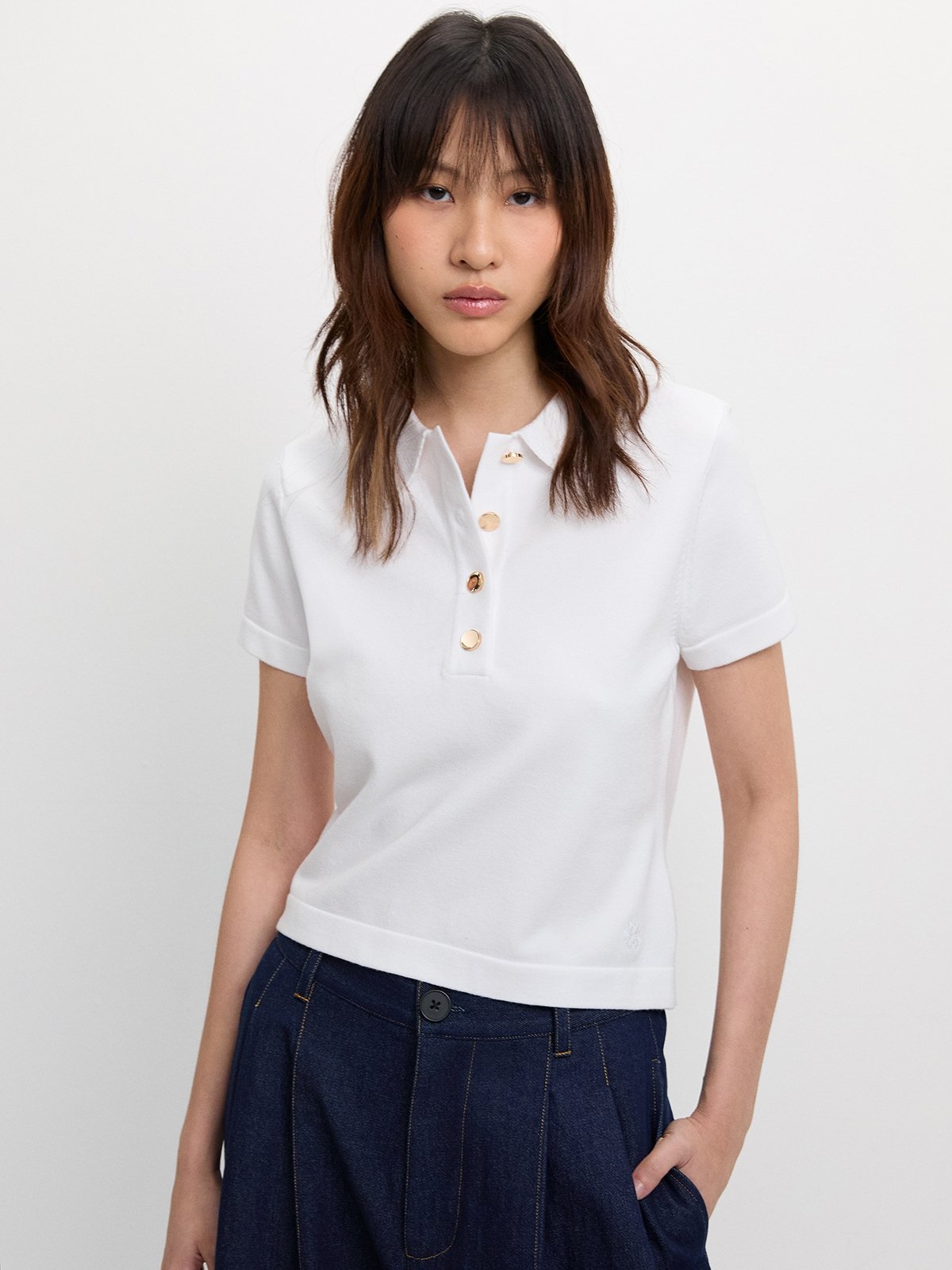 Polo Button-Up Top - White - Pomelo Fashion