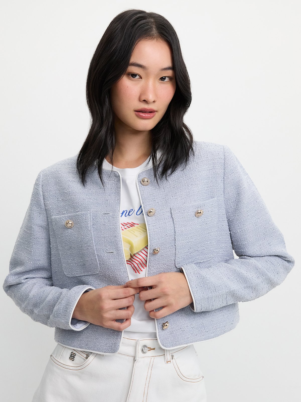 Tweed Jacket - Light Blue - Pomelo Fashion