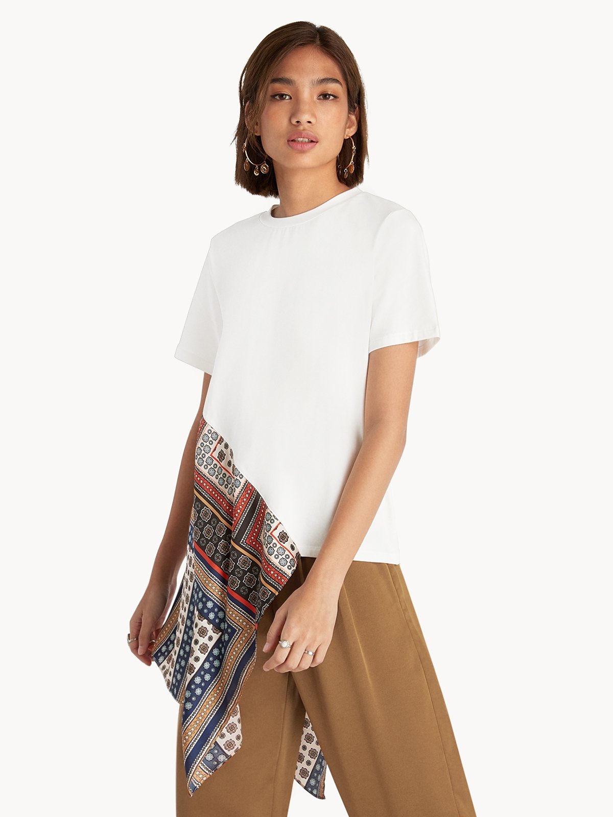 Asymmetric Mixed Print Top - White - Pomelo Fashion