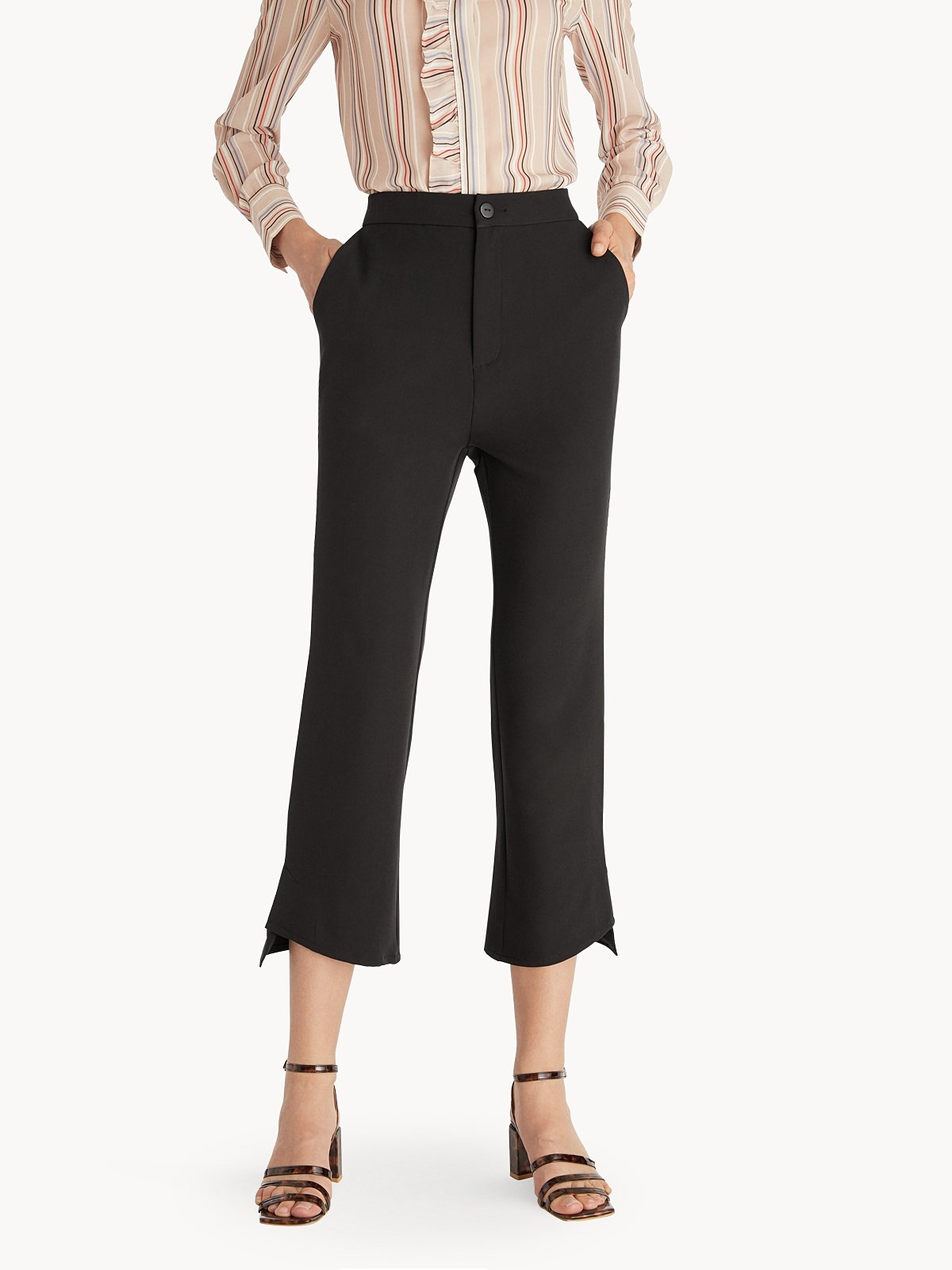 Cropped Asymmetric Hem Pants - Black - Pomelo Fashion