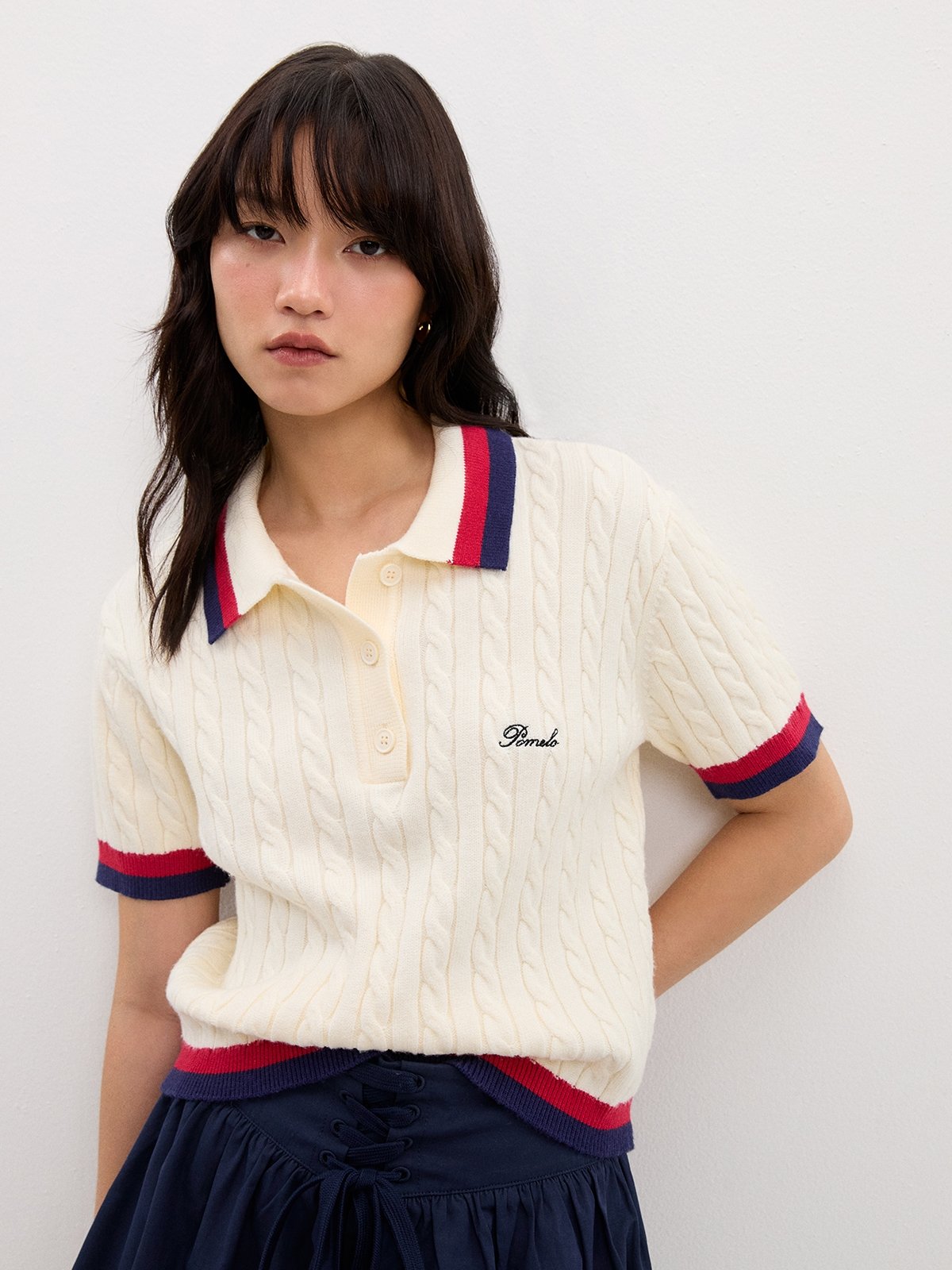 Cable Knit Polo Top - White - Pomelo Fashion