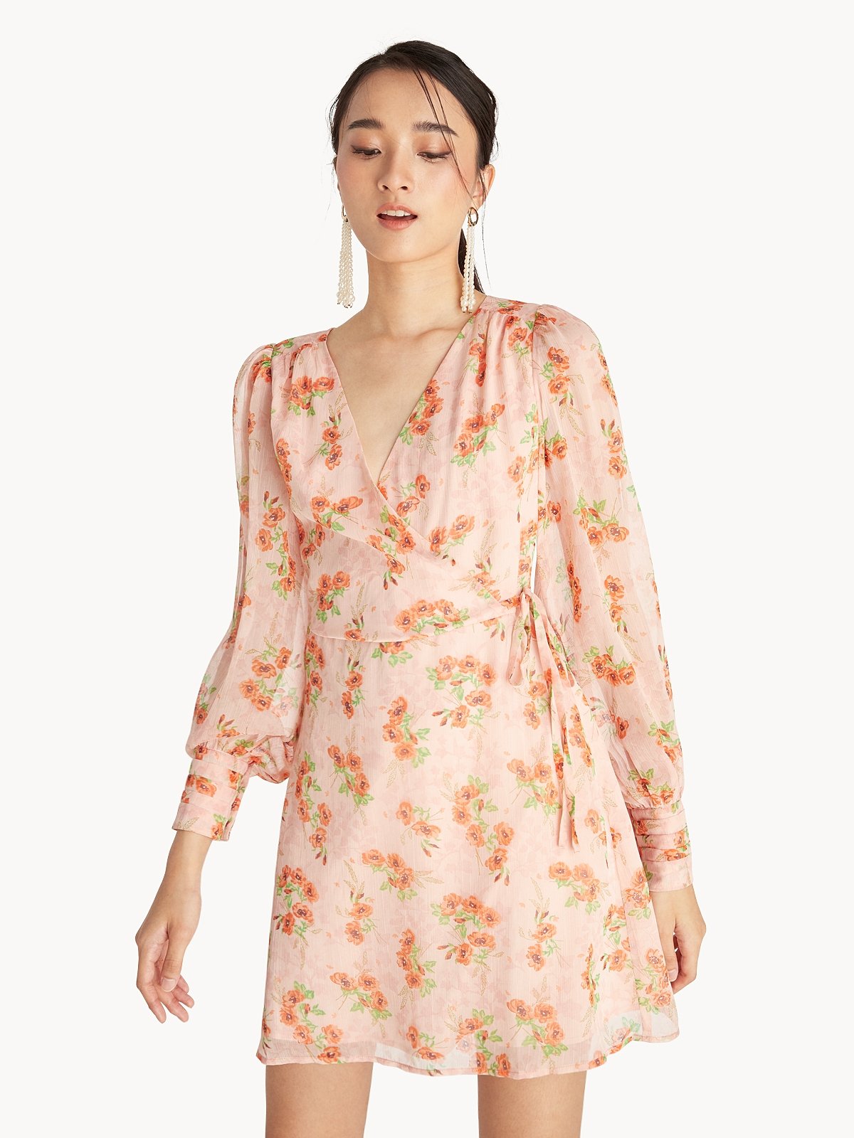 Mini Cuffed Floral Wrap Dress - Pink - Pomelo Fashion