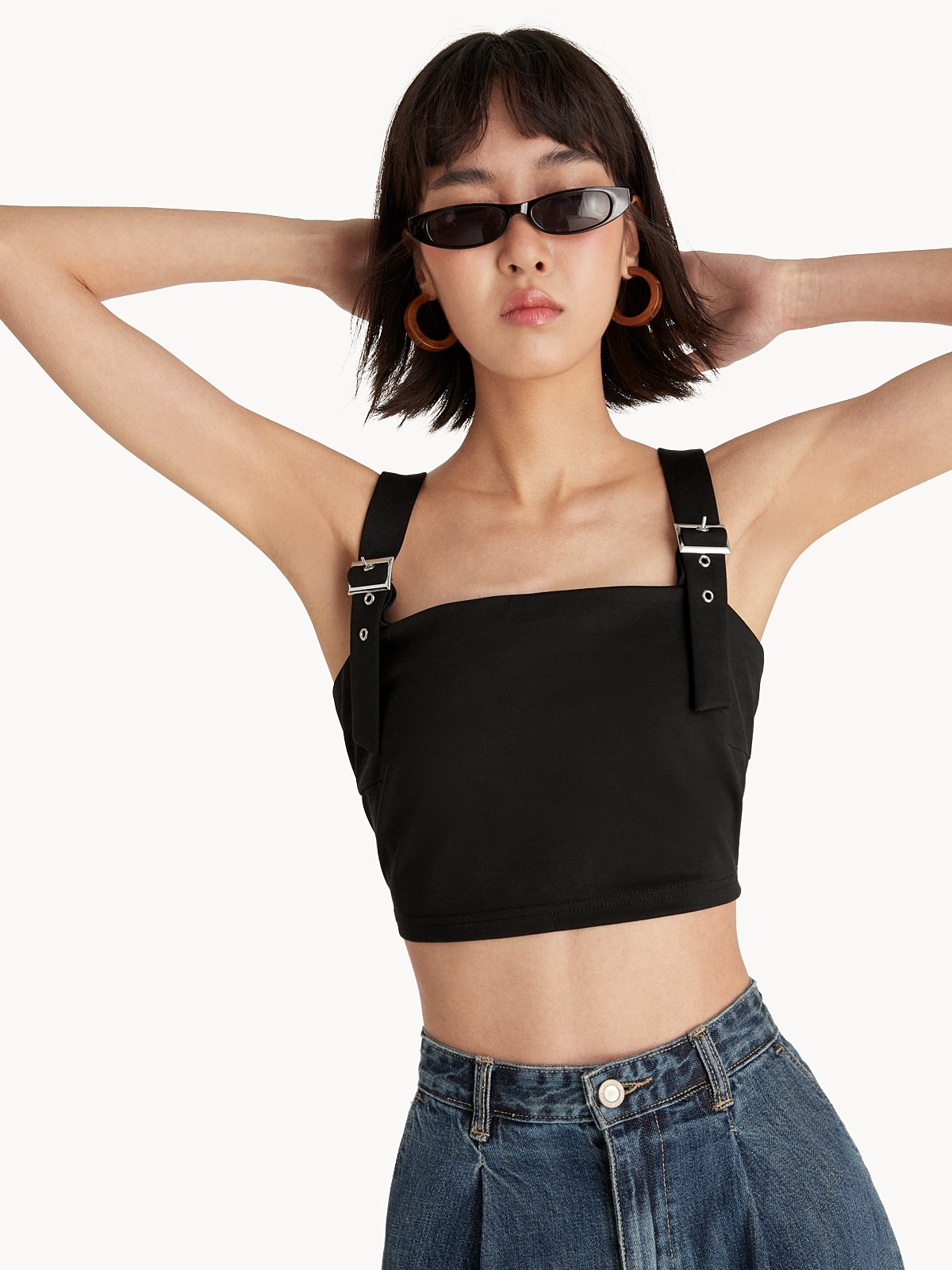 Belted Strap Top - Black - Pomelo Fashion