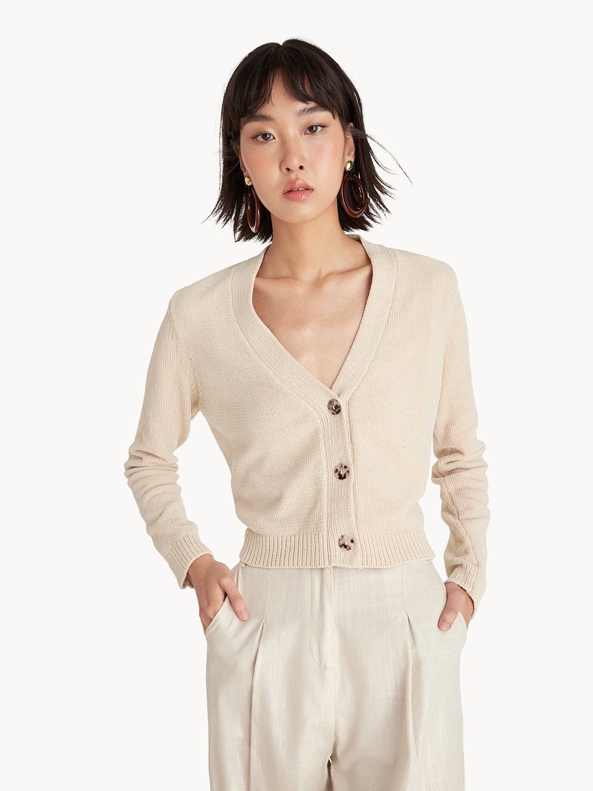 Cropped Knit Cardigan - Beige - Pomelo Fashion