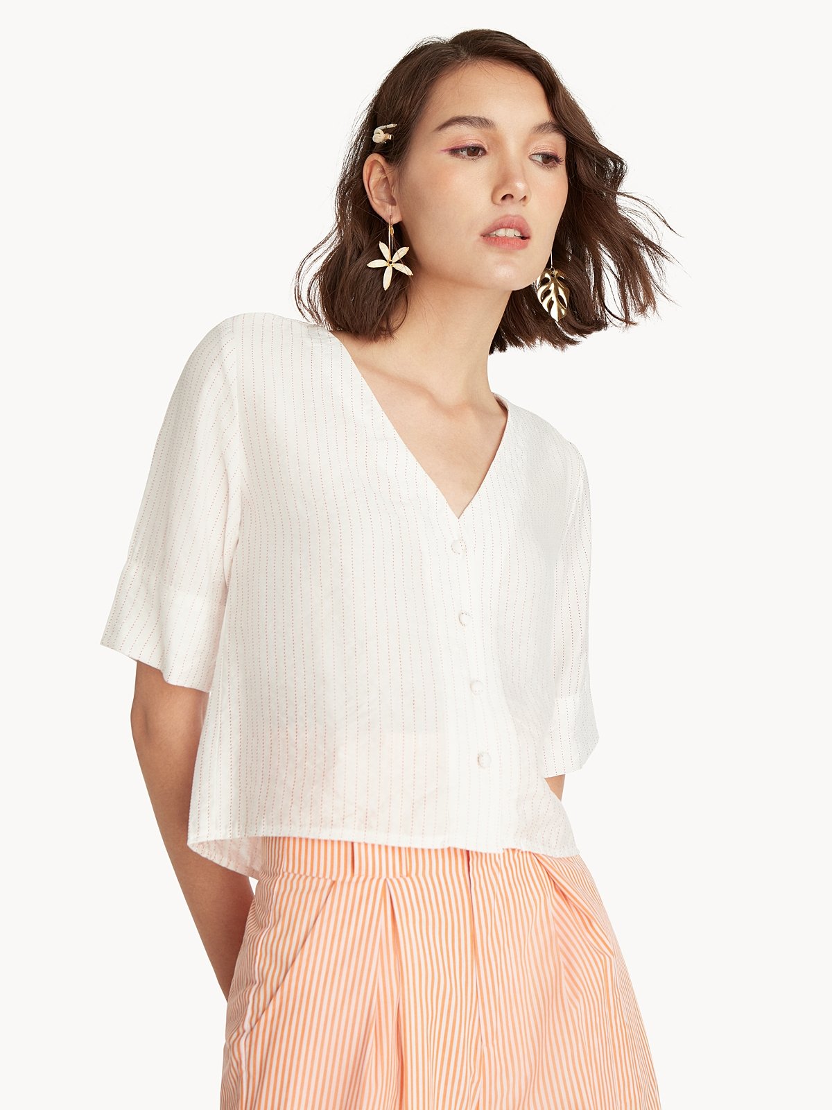 Thin Stripe Button Up Shirt - Red - Pomelo Fashion