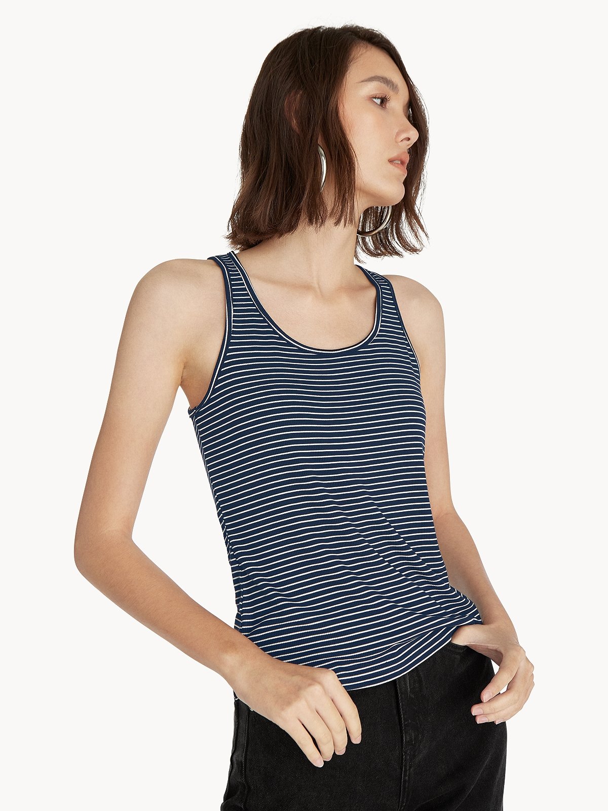 Stripe U Neck Tank Top - Navy - Pomelo Fashion