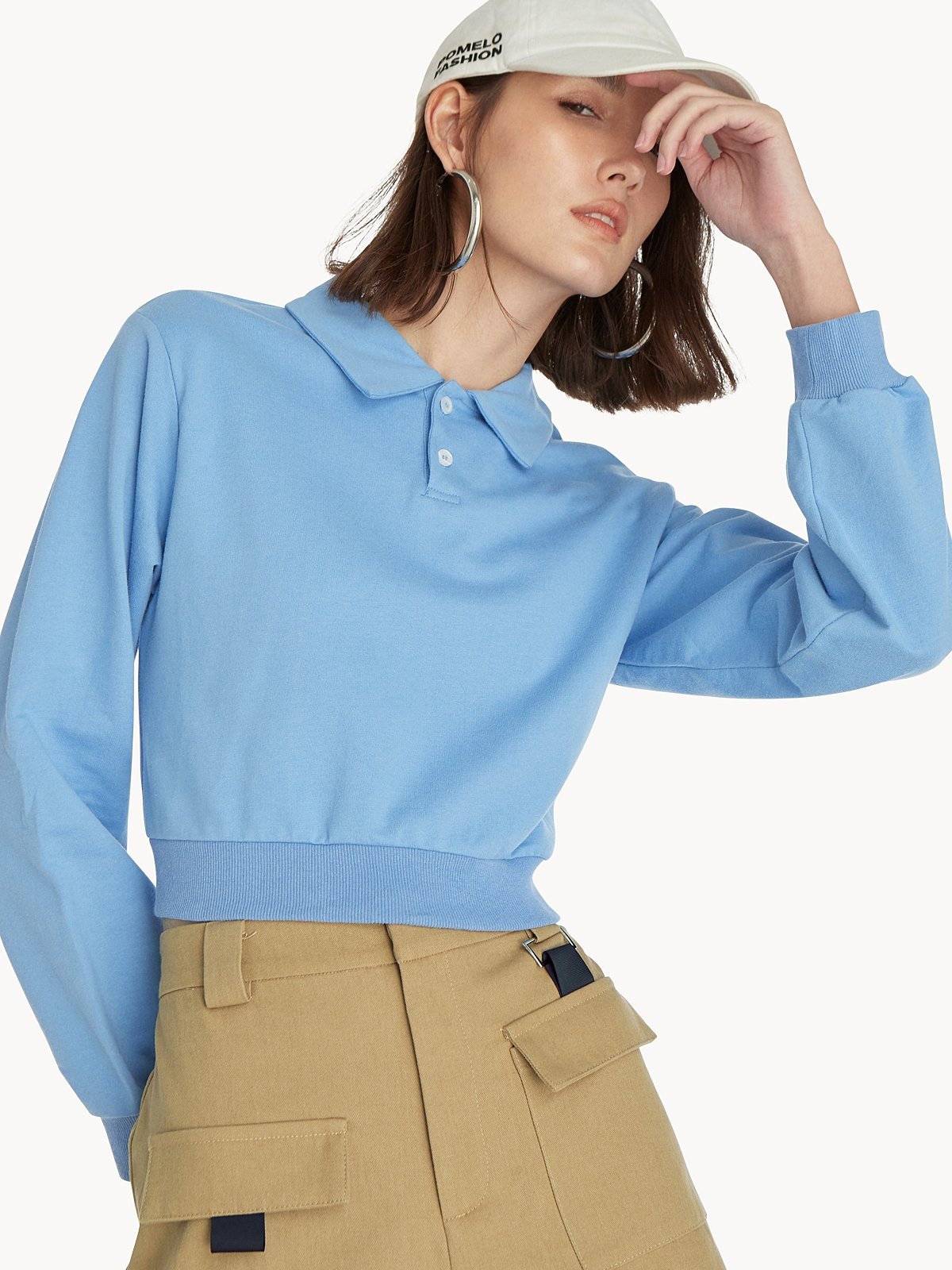 Long Sleeve Polo Crop Top - Blue - Pomelo Fashion