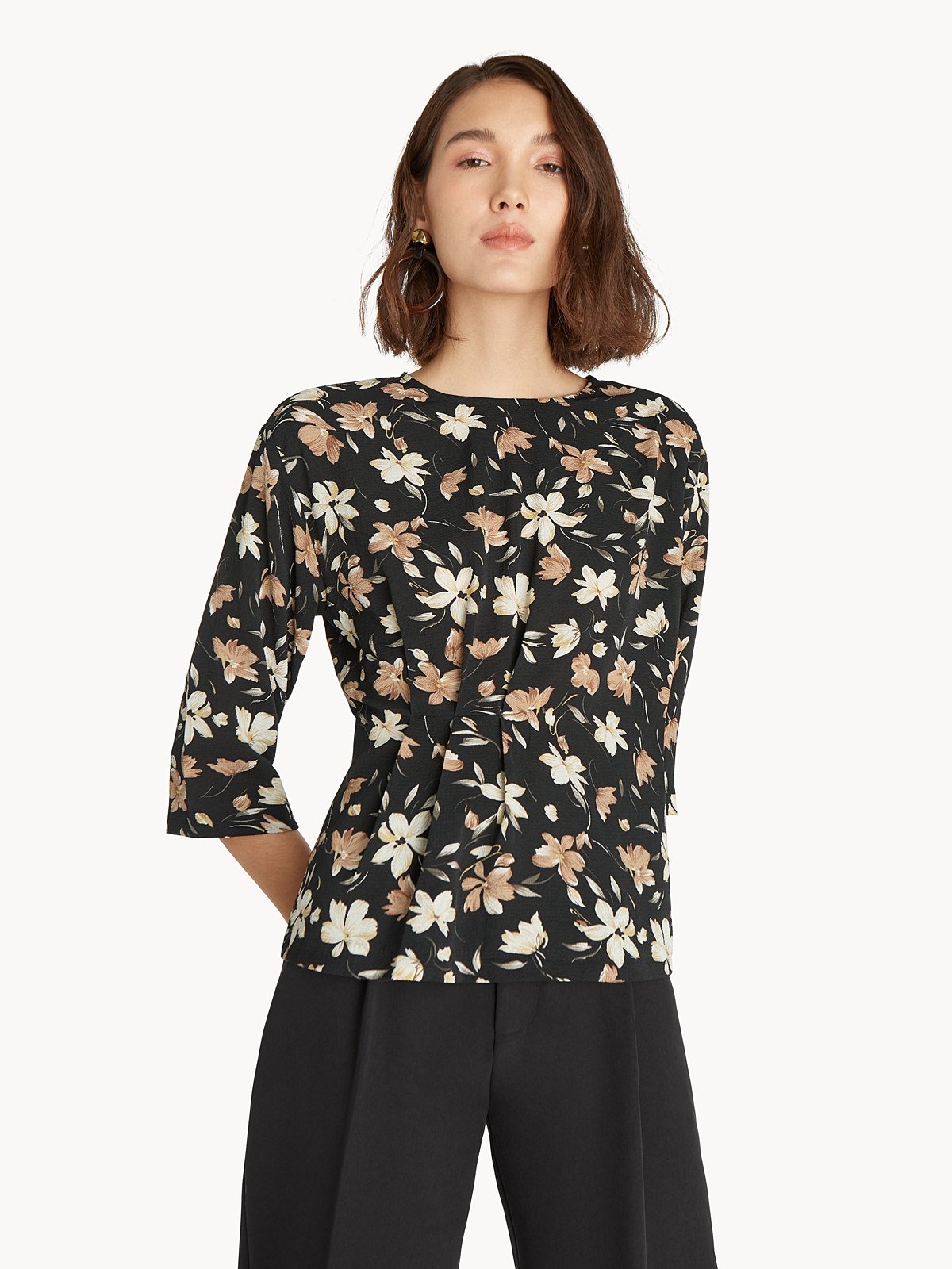 Half Pleated Floral Top - Black - Pomelo Fashion