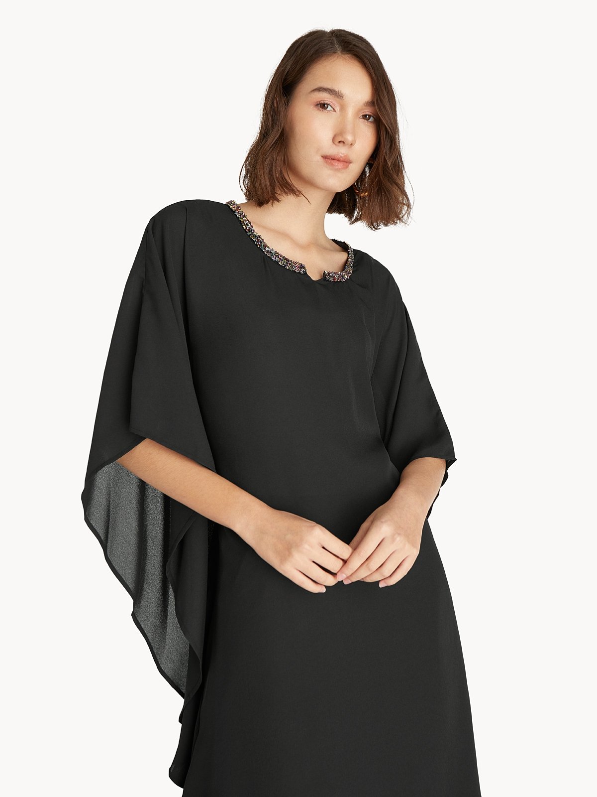 Midi Beaded Semi Sheer Dress - Black - Pomelo Fashion