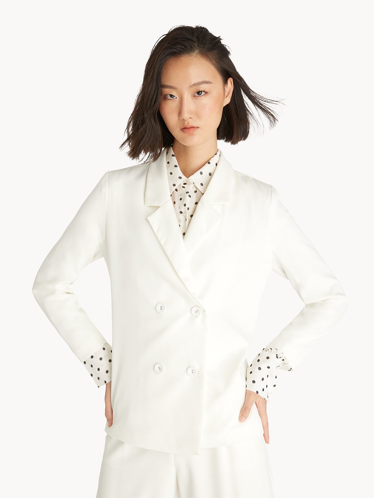 Double Breasted Classic Blazer - Off White - Pomelo Fashion