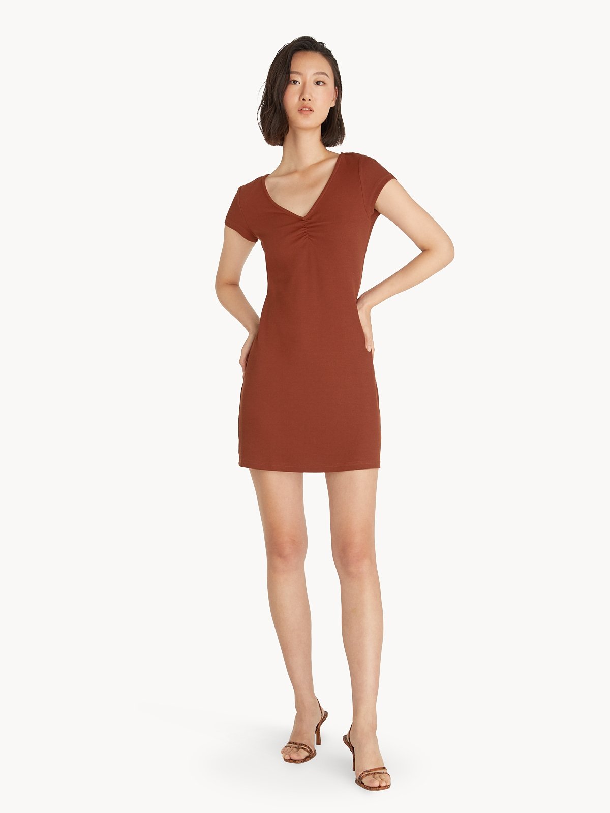 Mini Fitted V Neck Dress - Brown - Pomelo Fashion