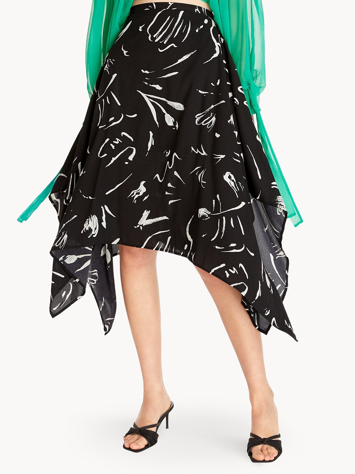 Draped Abstract Print Flare Skirt - Black - Pomelo Fashion