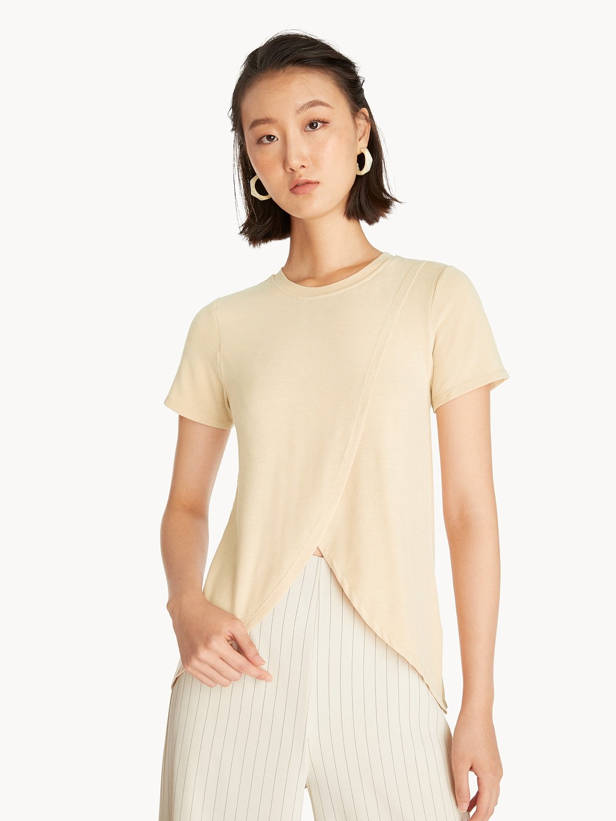 Cross Front Slit Top - Beige - Pomelo Fashion