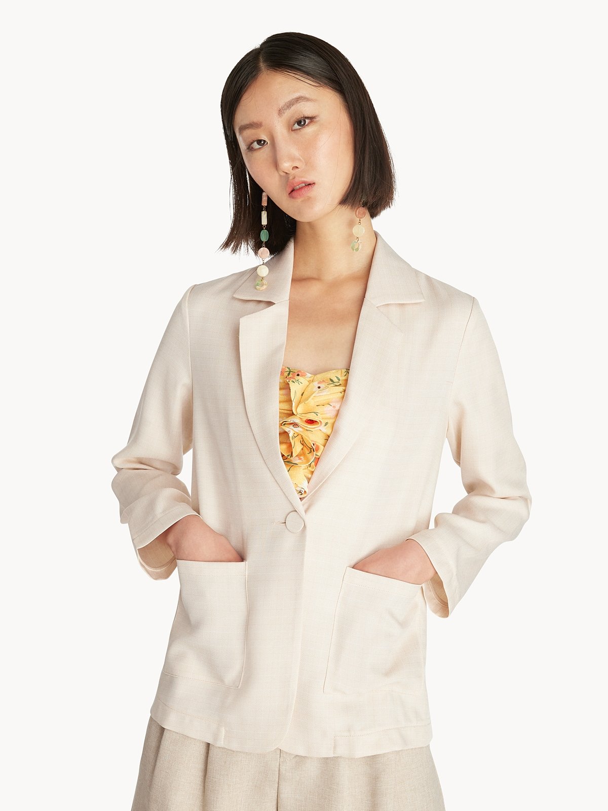 Single Button Blazer - Cream - Pomelo Fashion
