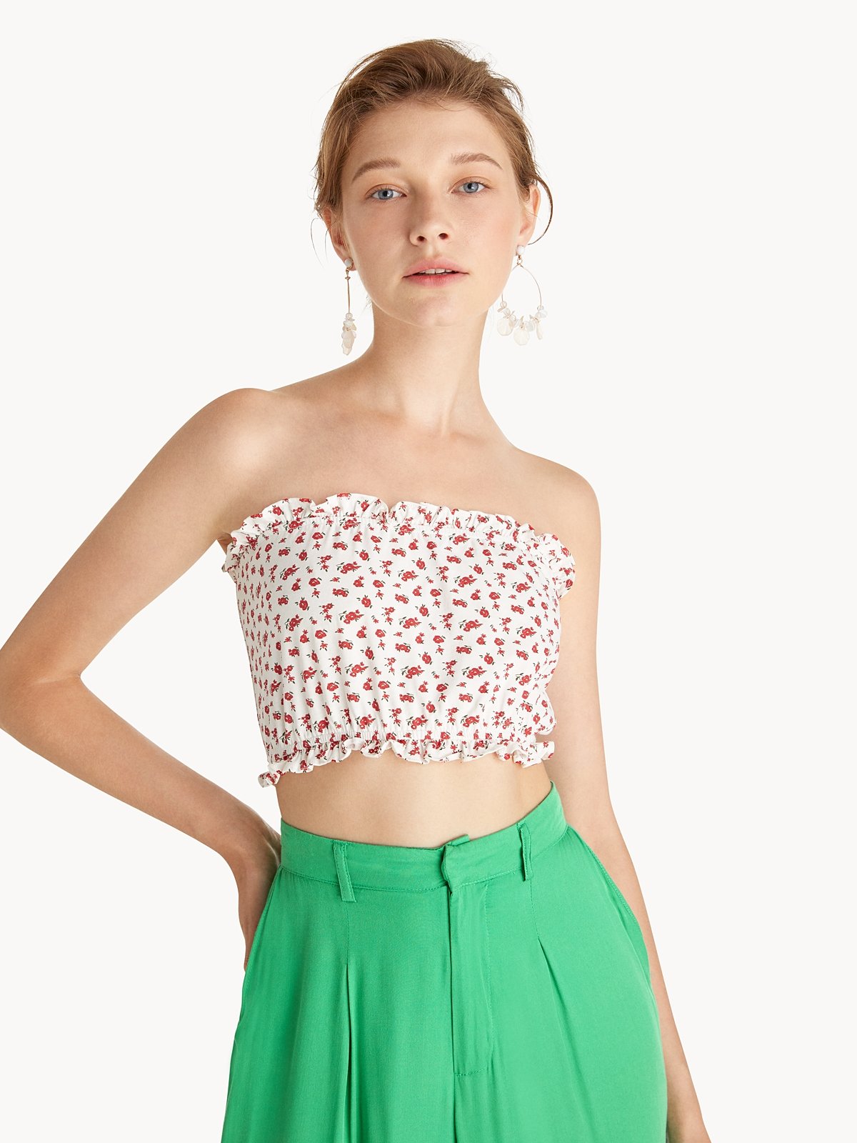 Floral Frill Tube Top - Red - Pomelo Fashion