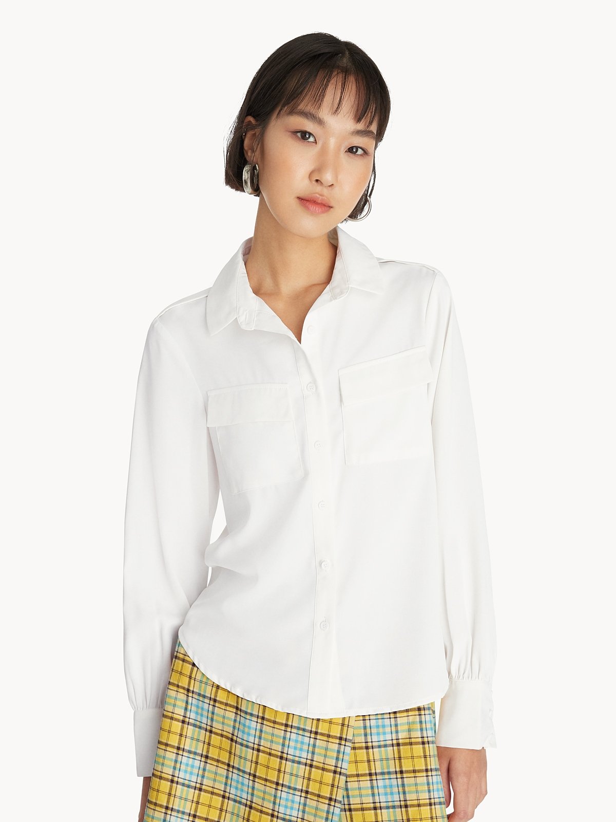 Twin Pockets Button Up Shirt - White - Pomelo Fashion
