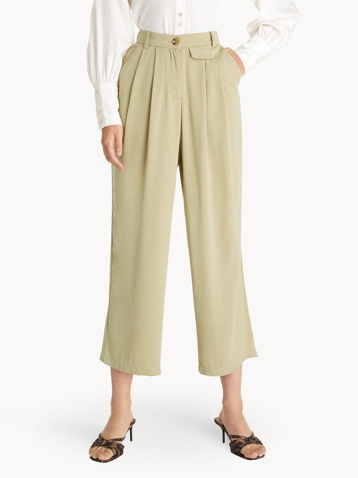 Wide Leg Pleated Pants - Green - Pomelo Fashion