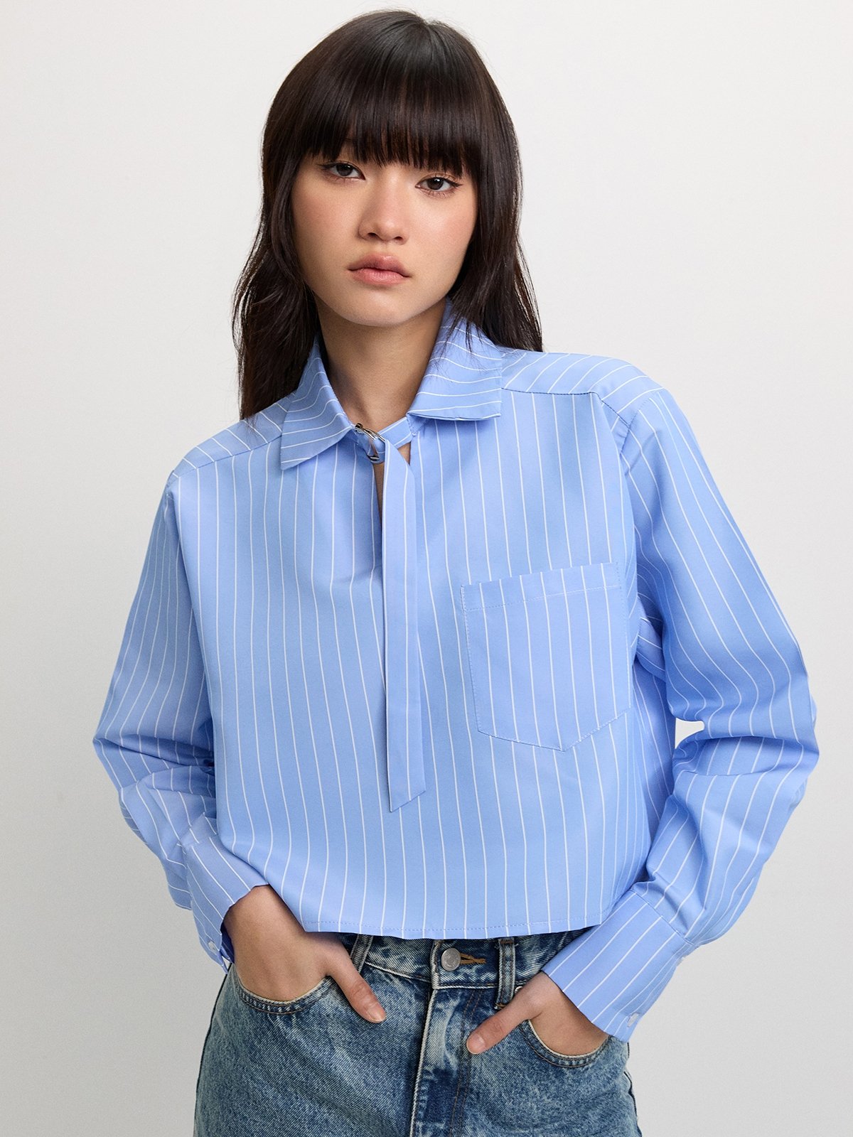 Striped Belted Blouse - Baby Blue - Pomelo Fashion