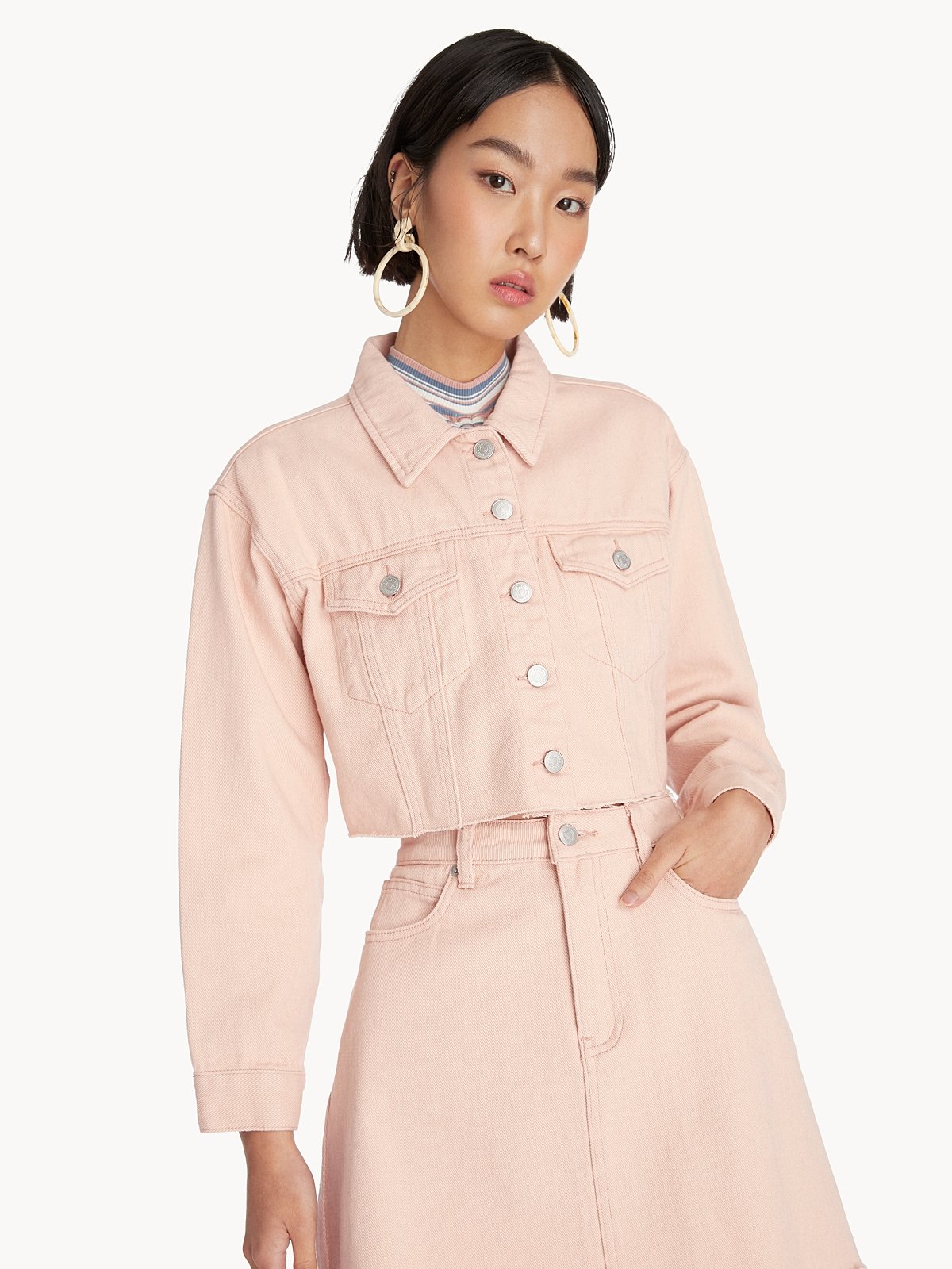 Raw Hem Crop Jacket - Pink - Pomelo Fashion