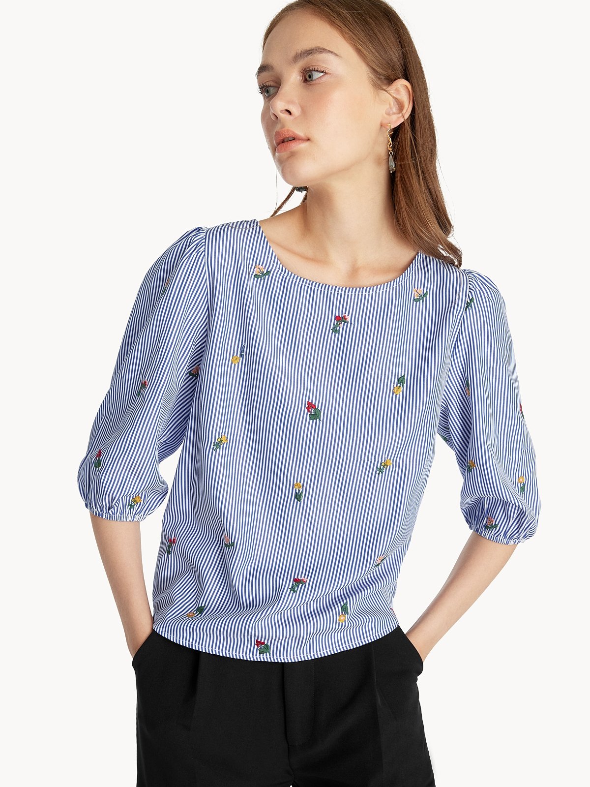Embroidered Puff Sleeve Top - Blue - Pomelo Fashion