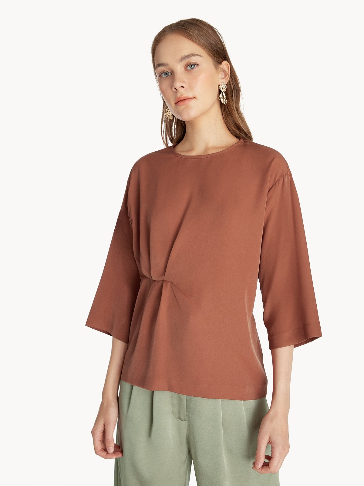 Pleated Oversize Top - Brown - Pomelo Fashion