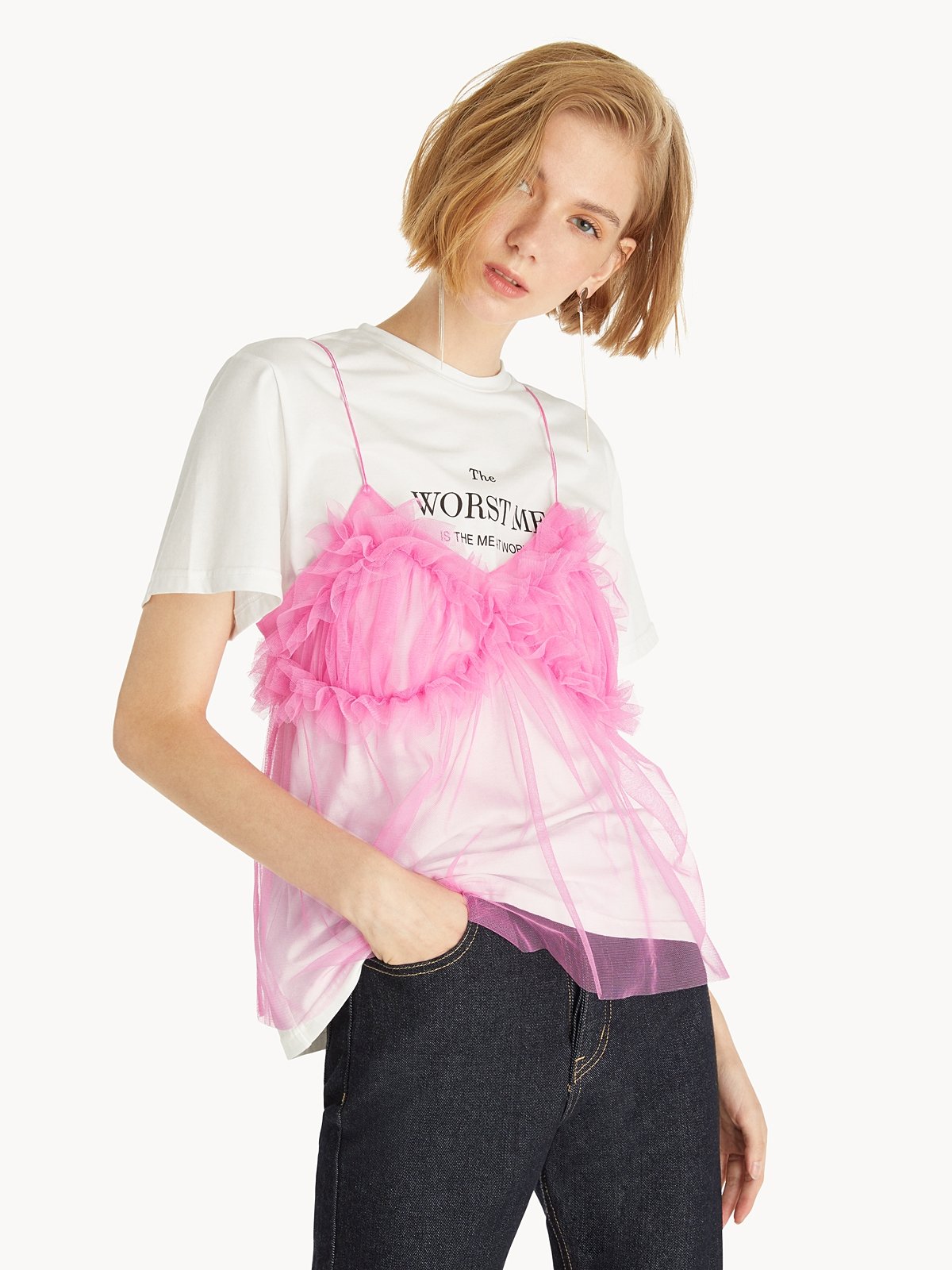 Sheer Tulle Ruffled Top - Pink - Pomelo Fashion