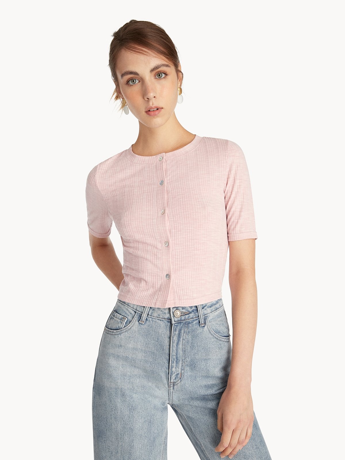 Crop Knit Ribbed Top - Pink - Pomelo Fashion