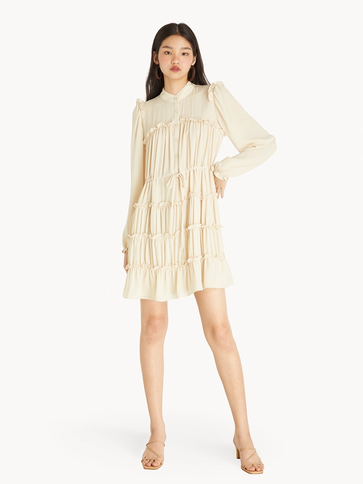 Layered Tier Ruffle Dress - Cream - Pomelo Fashion