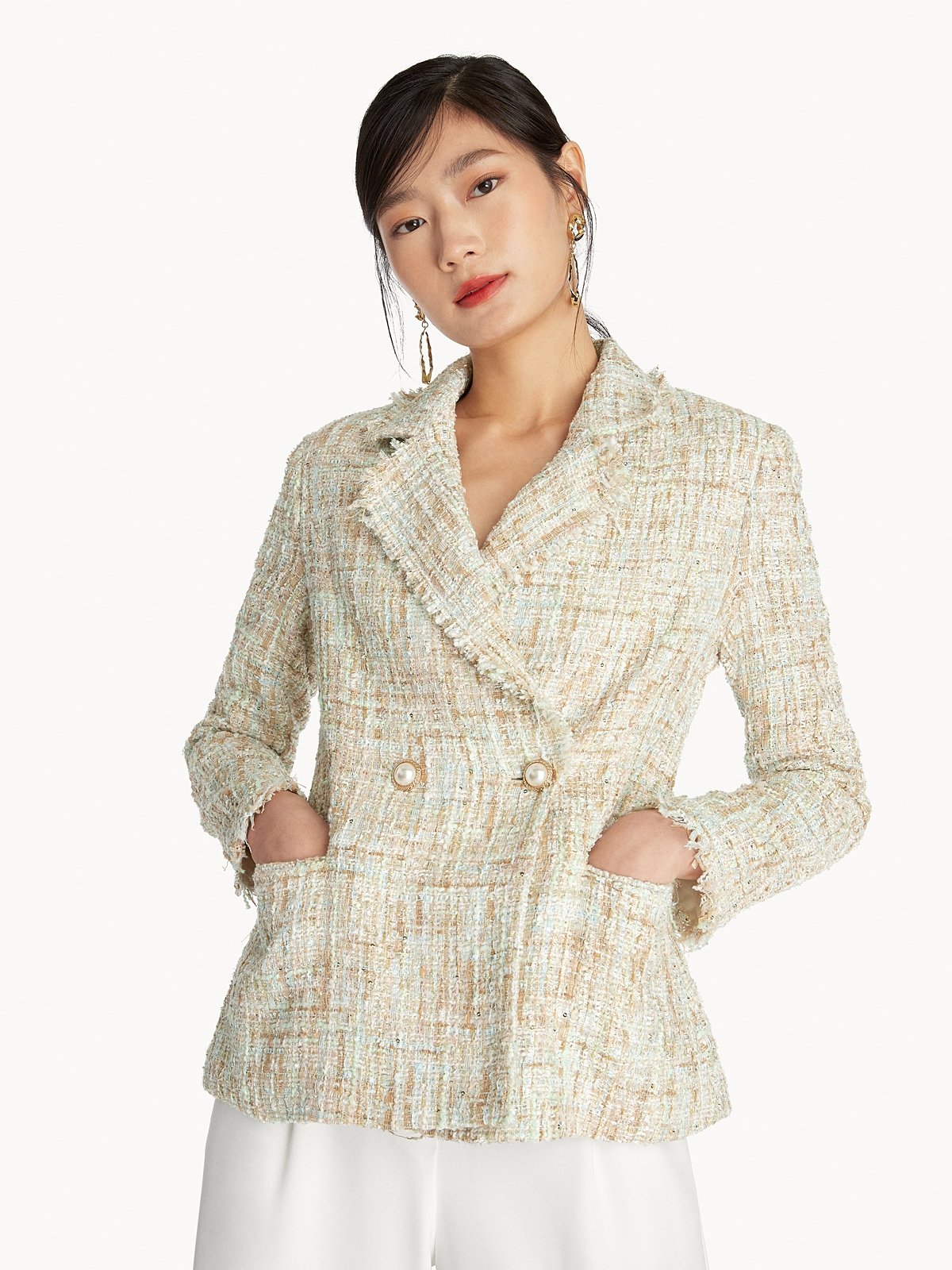 Pearl Buttoned Tweed Blazer - Mint - Pomelo Fashion