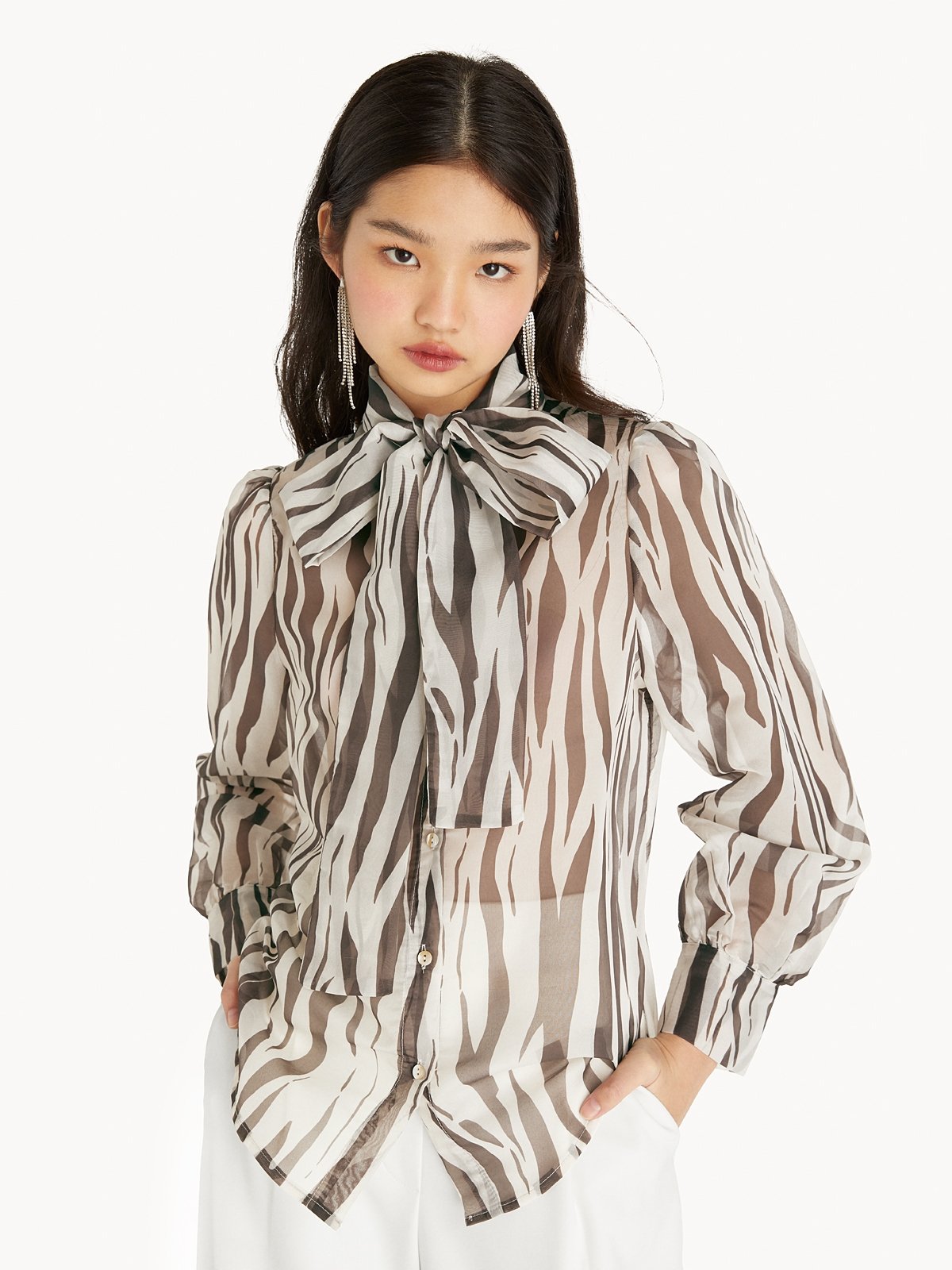 Sheer Victorian Zebra Print Top - Brown - Pomelo Fashion