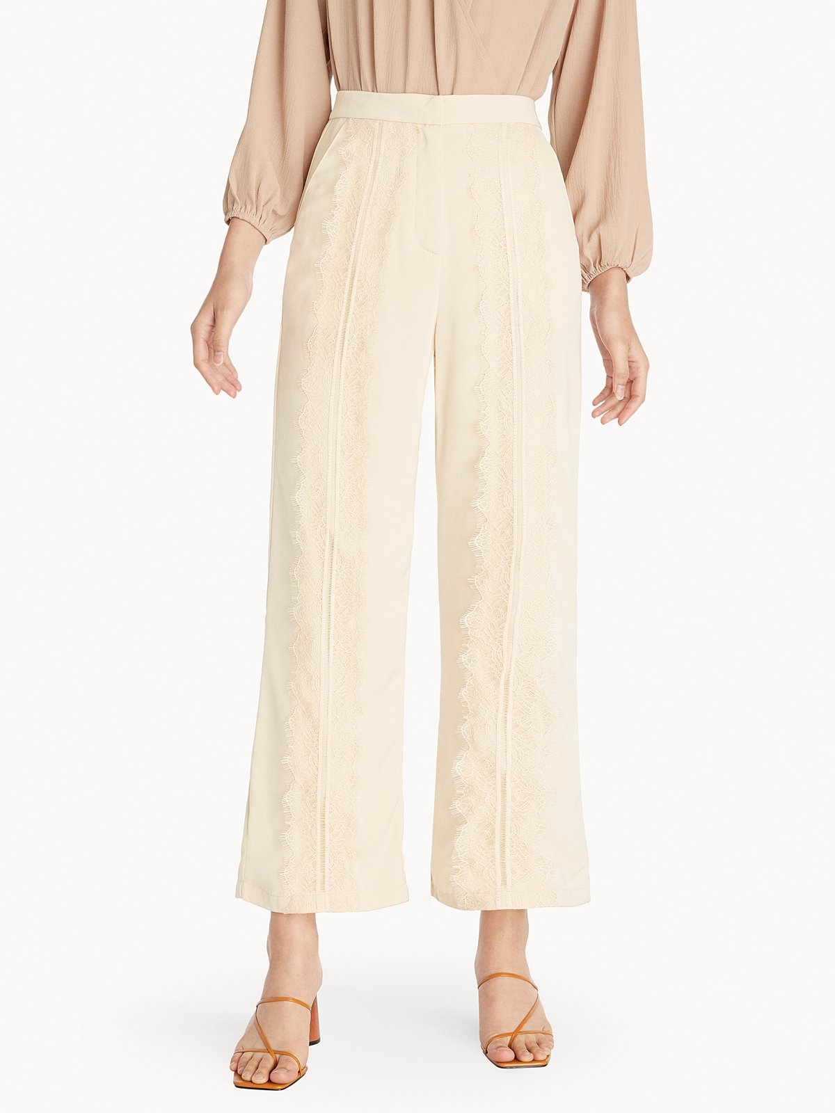 Lace Accent Pants - Beige - Pomelo Fashion