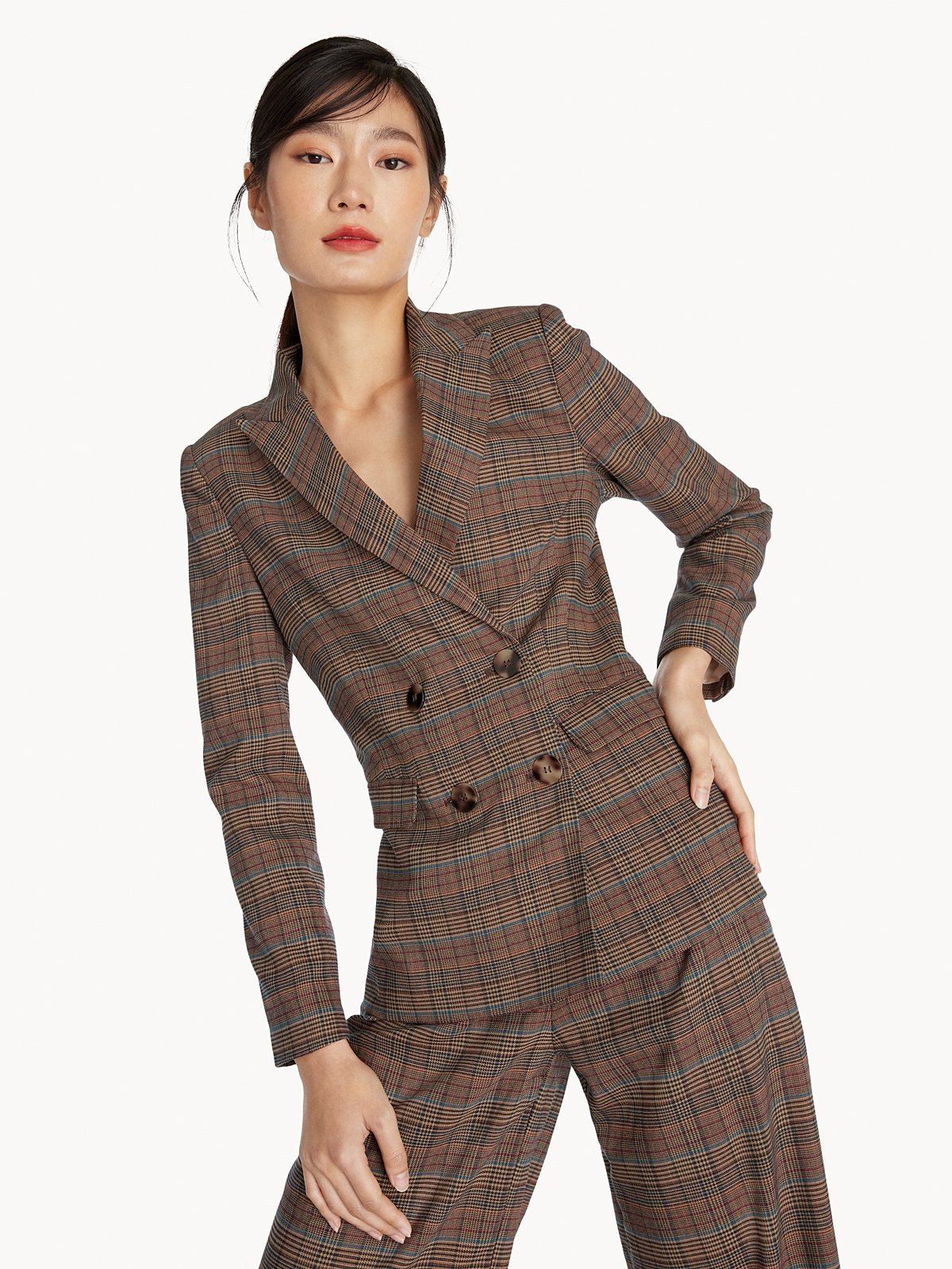 Tartan Double Breasted Blazer - Brown - Pomelo Fashion