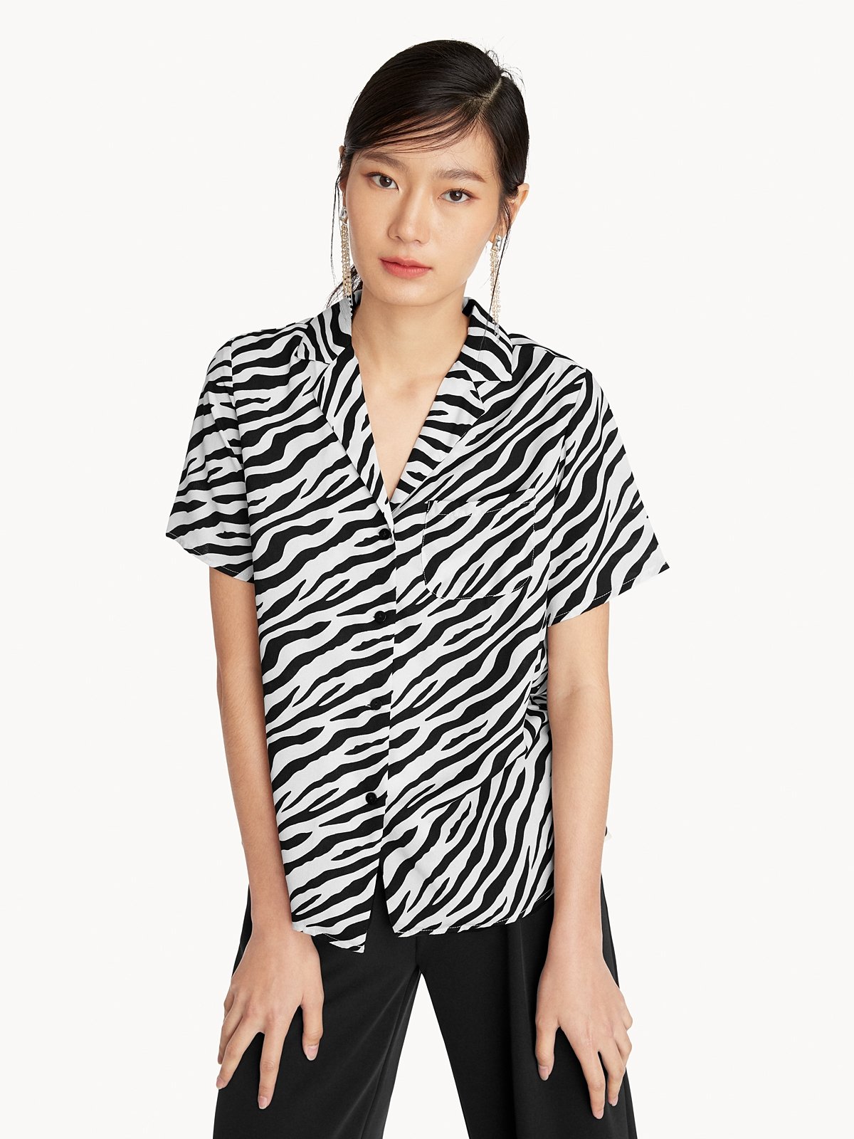 Button Up Zebra Print Shirt - Black/White - Pomelo Fashion