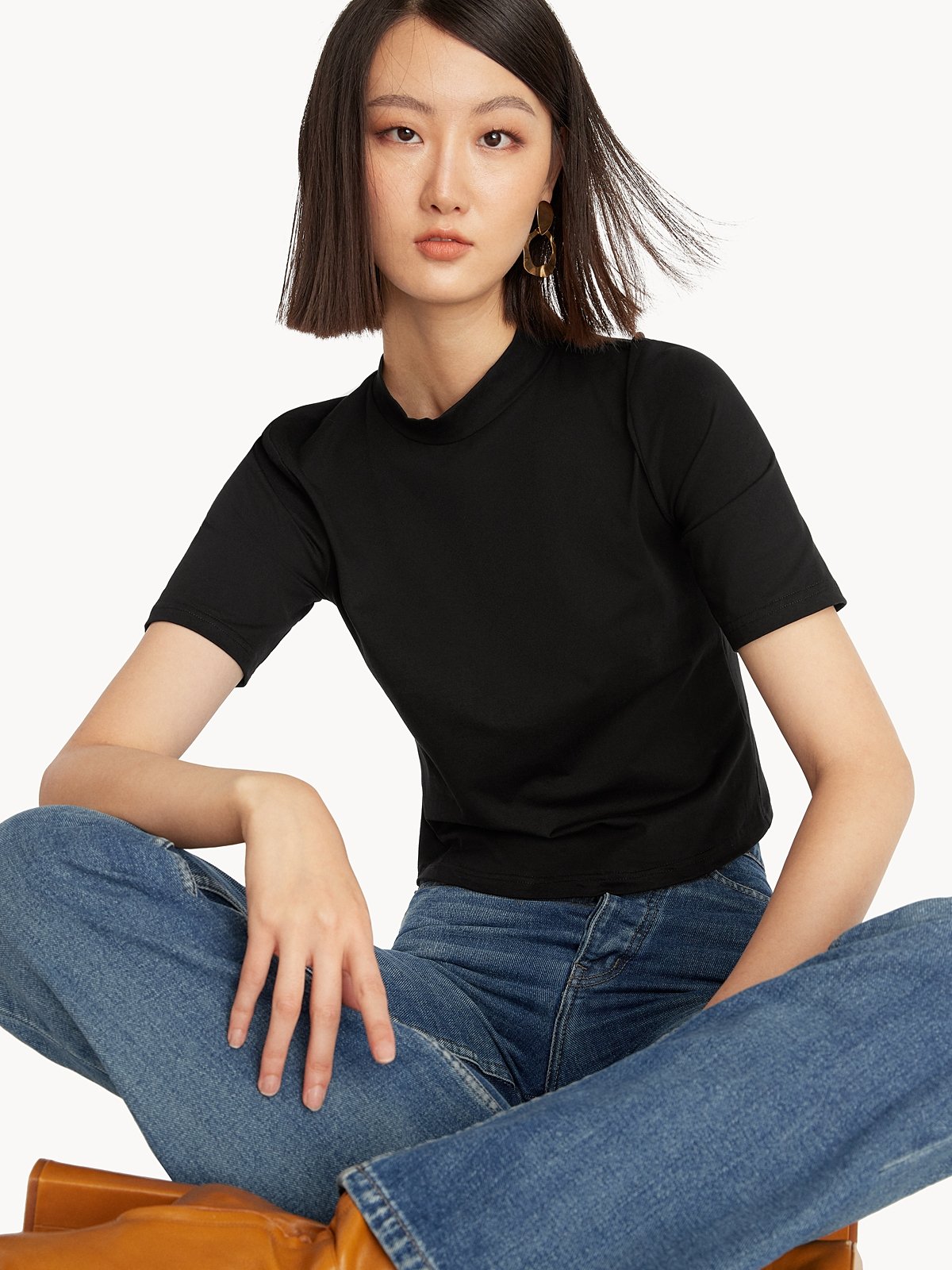 Crew Neck Basic Top - Black - Pomelo Fashion