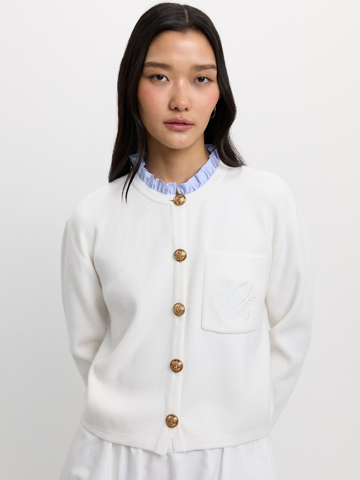 Ruffle Trim Cardigan - Ivory - Pomelo Fashion