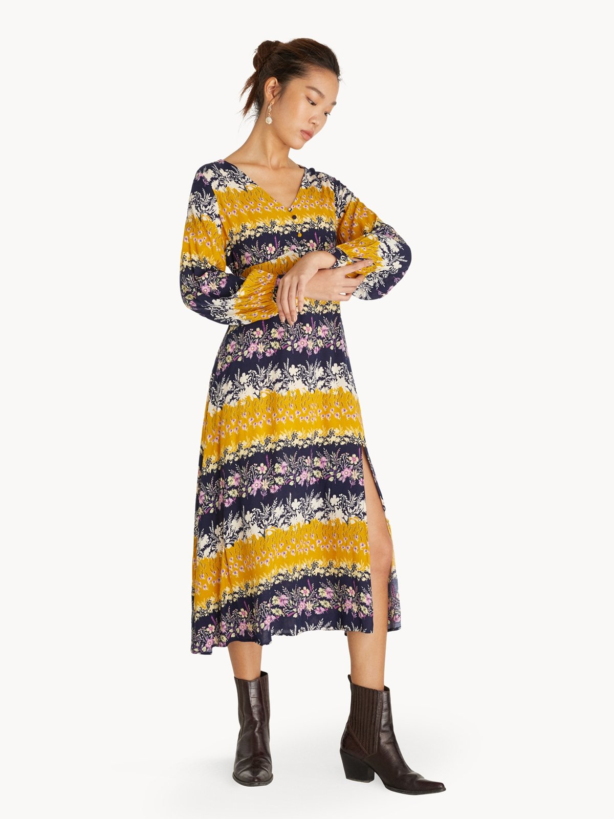 Two Tone Floral Side Slit Dress - Yellow - Pomelo Fashion