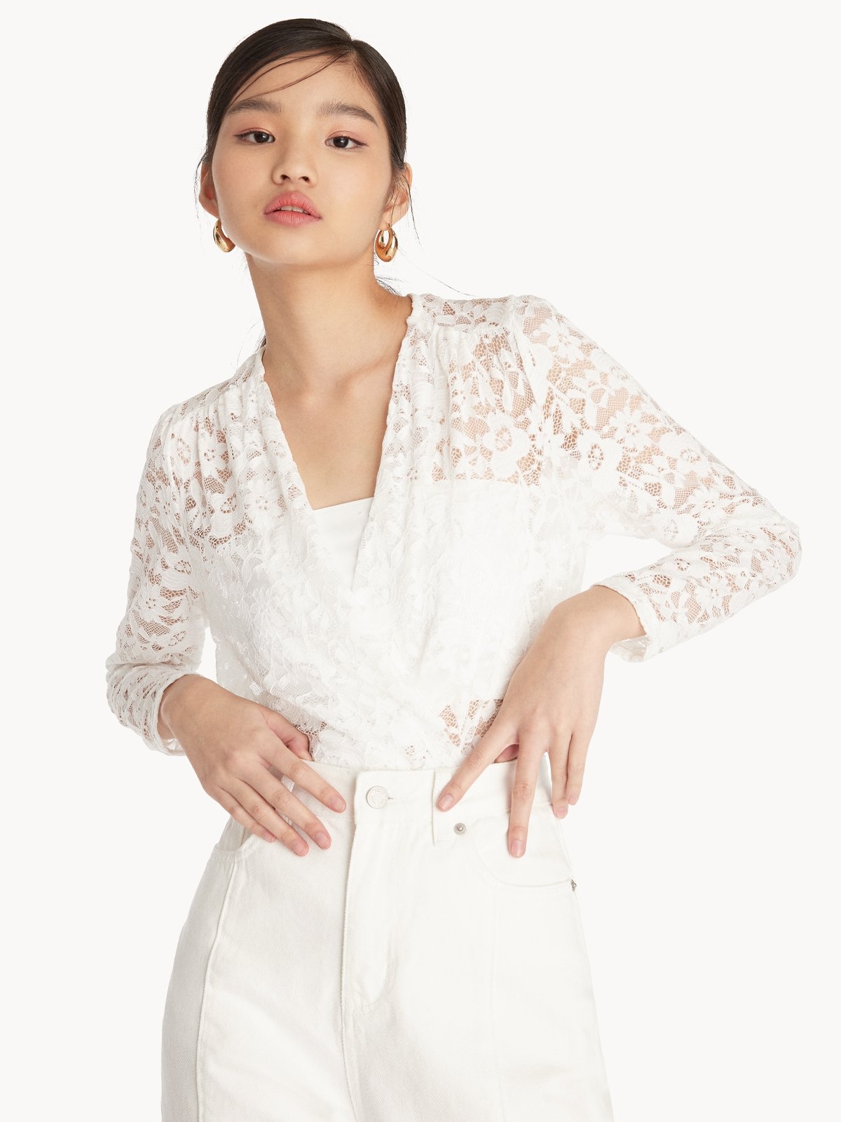 Sheer Lace Full Sleeves Bodysuit - White - Pomelo Fashion