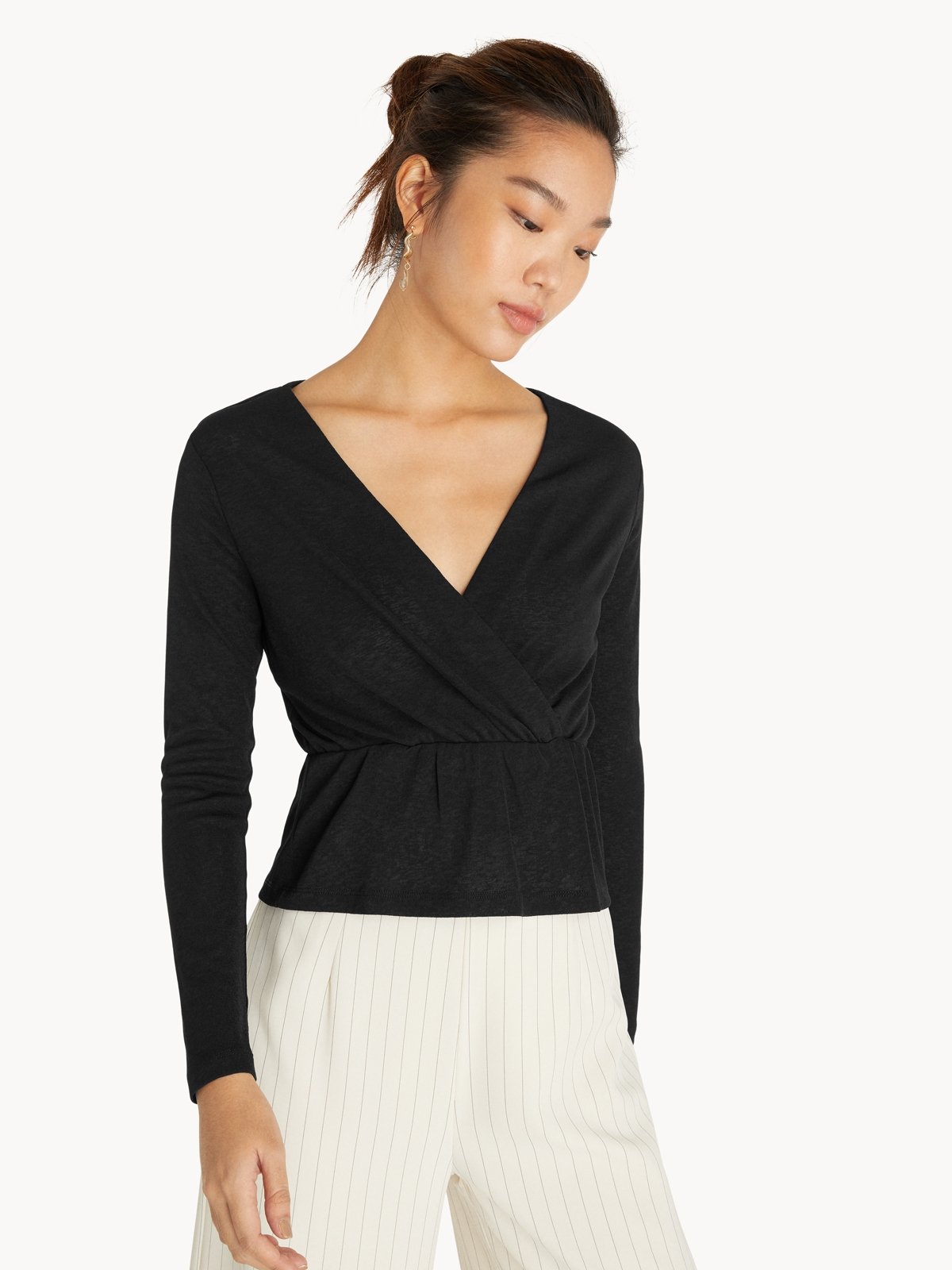 Surplice Drawstring Waist Top - Black - Pomelo Fashion